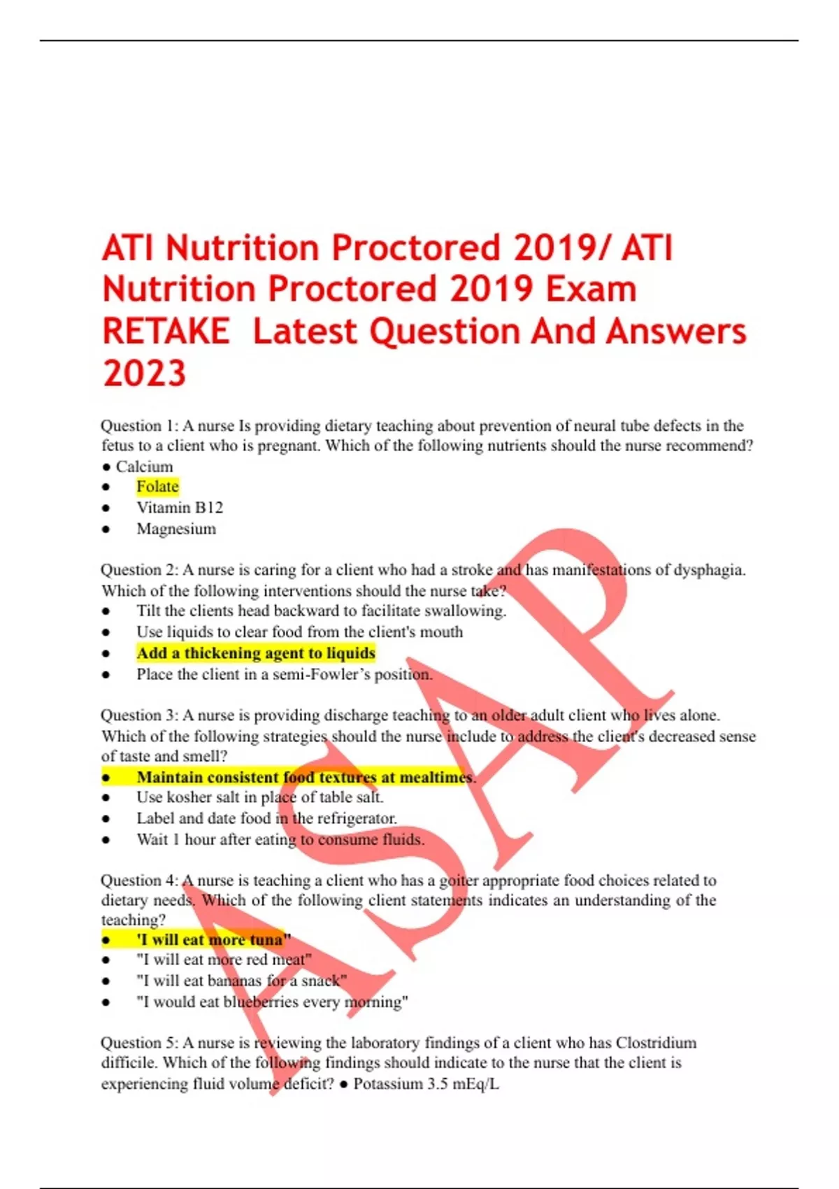 ATI Nutrition Proctored 2019/ ATI Nutrition Proctored 2019 Exam RETAKE ...