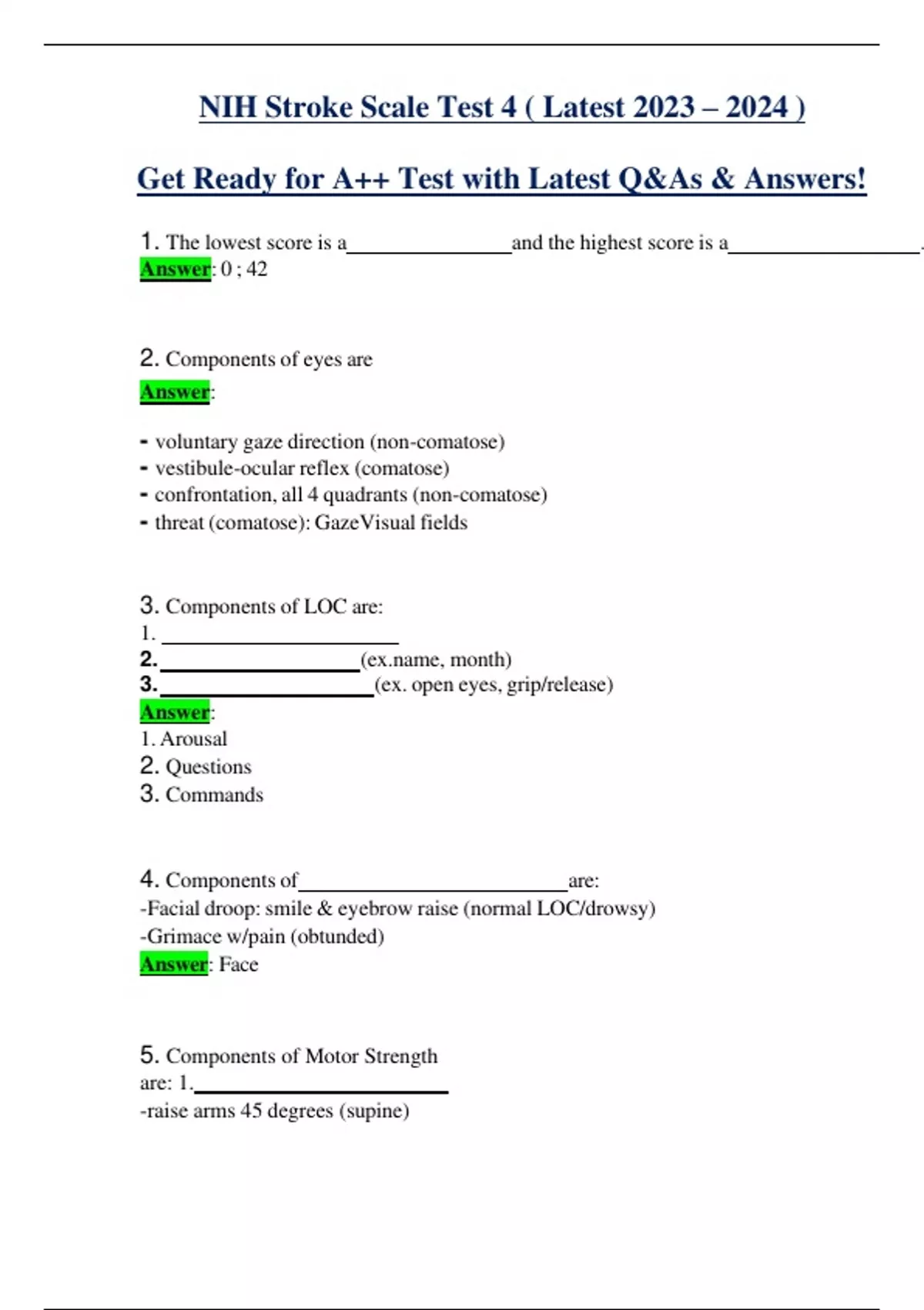 NIH Stroke Scale Test 4 ( Latest 2023 – 2024 ) Get Ready for A++ Test ...