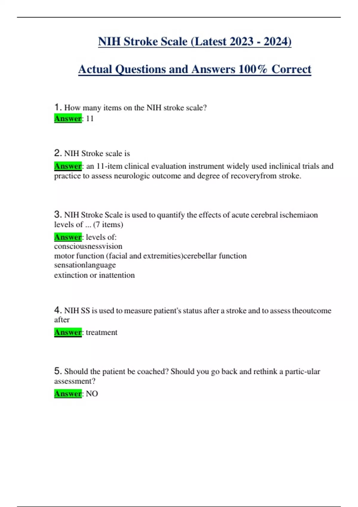 NIH Stroke Scale (Latest ) Actual Questions and Answers 100% Correct ...