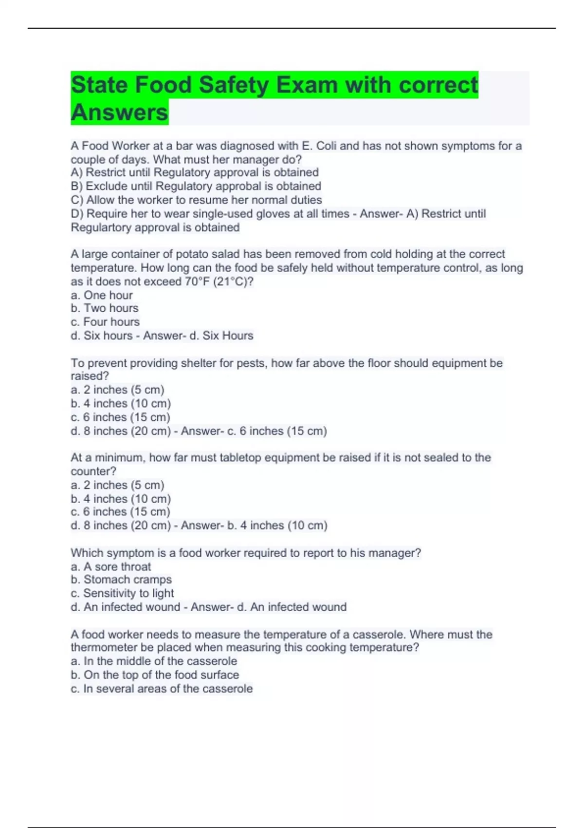 State Food Safety Exam With Correct Answers State Food Safety Stuvia US State Food Safety Exam With Correct Answers State Food Safety Stuvia US