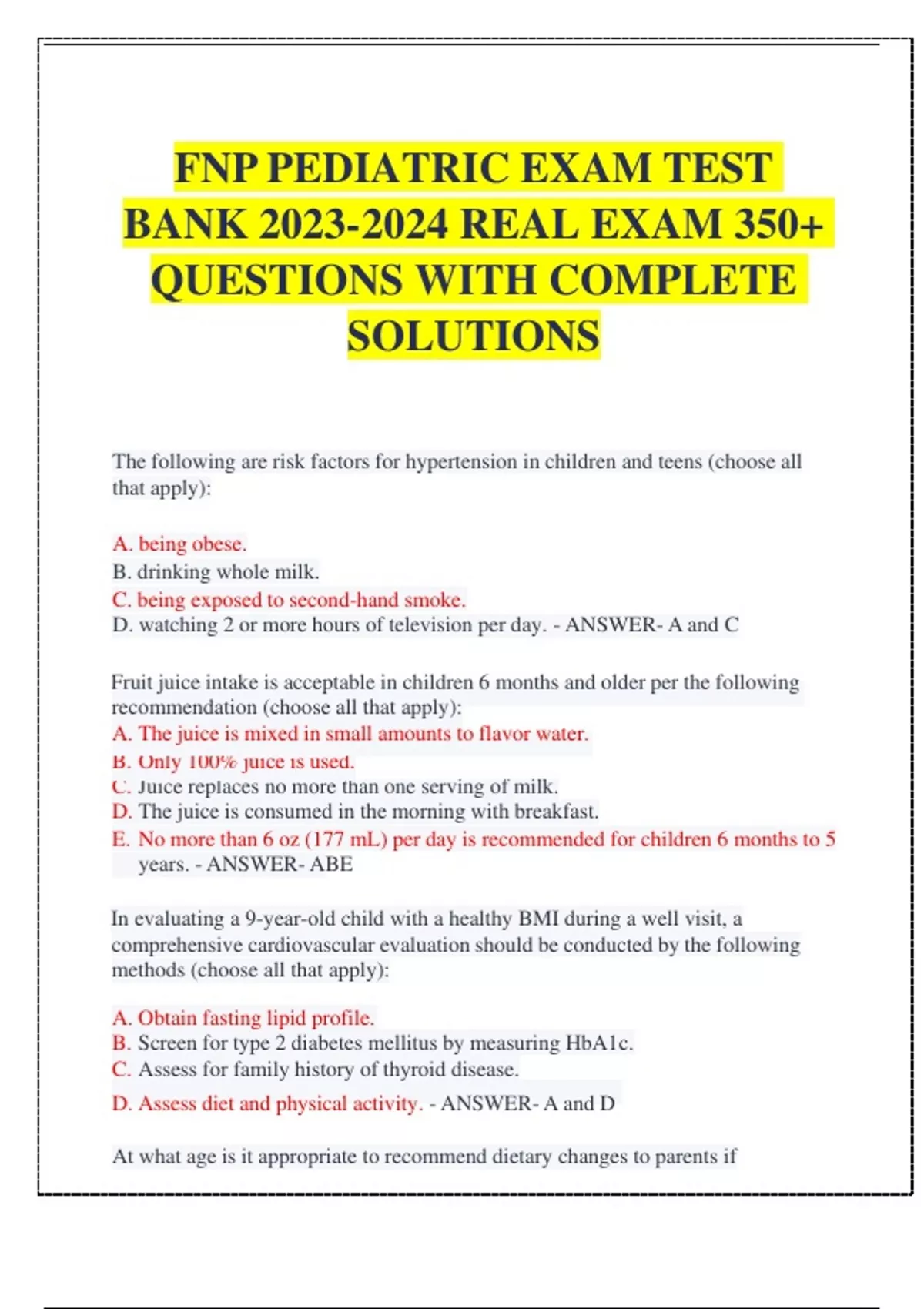 FNP PEDIATRIC EXAM TEST BANK REAL EXAM 350+ QUESTIONS WITH COMPLETE ...