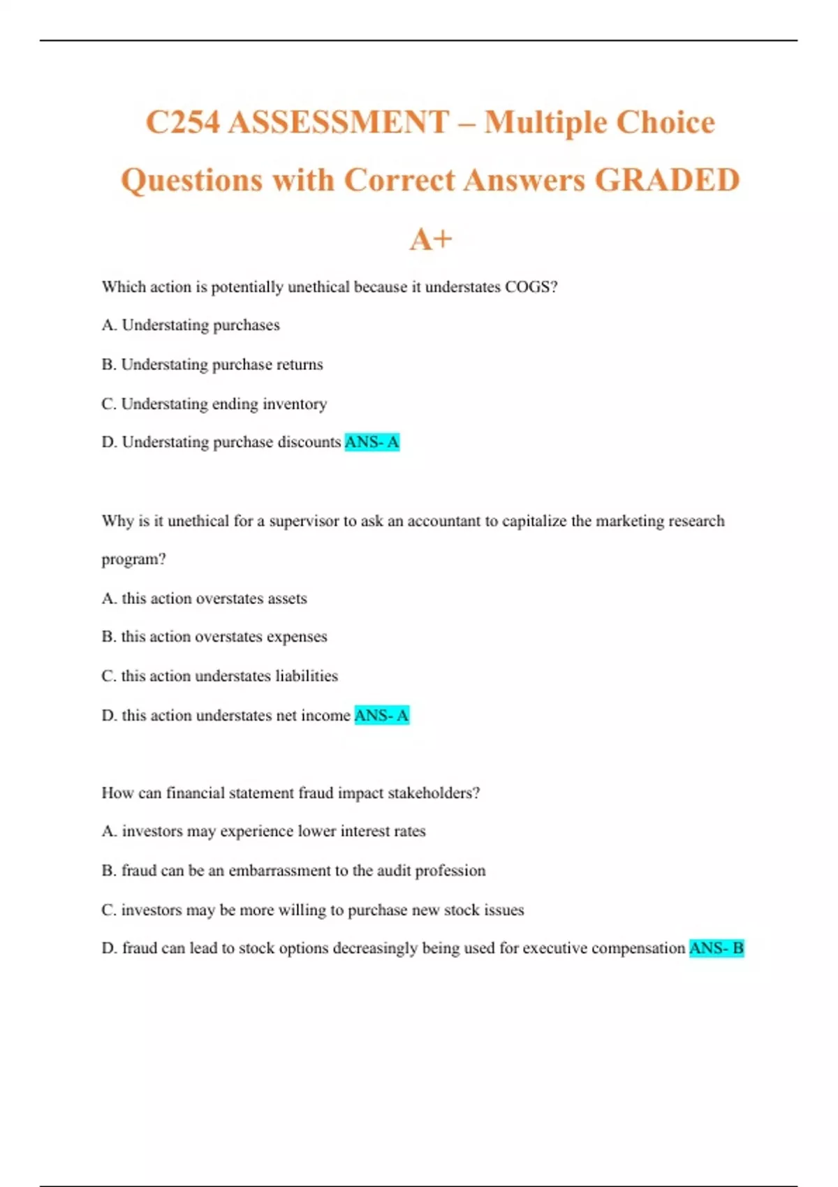 C254 ASSESSMENT – Multiple Choice Questions with Correct Answers GRADED ...