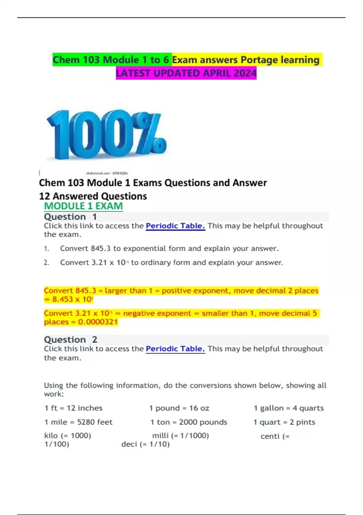 Chem 103 Module 1 to 6 Exam answers Portage learning LATEST UPDATED ...