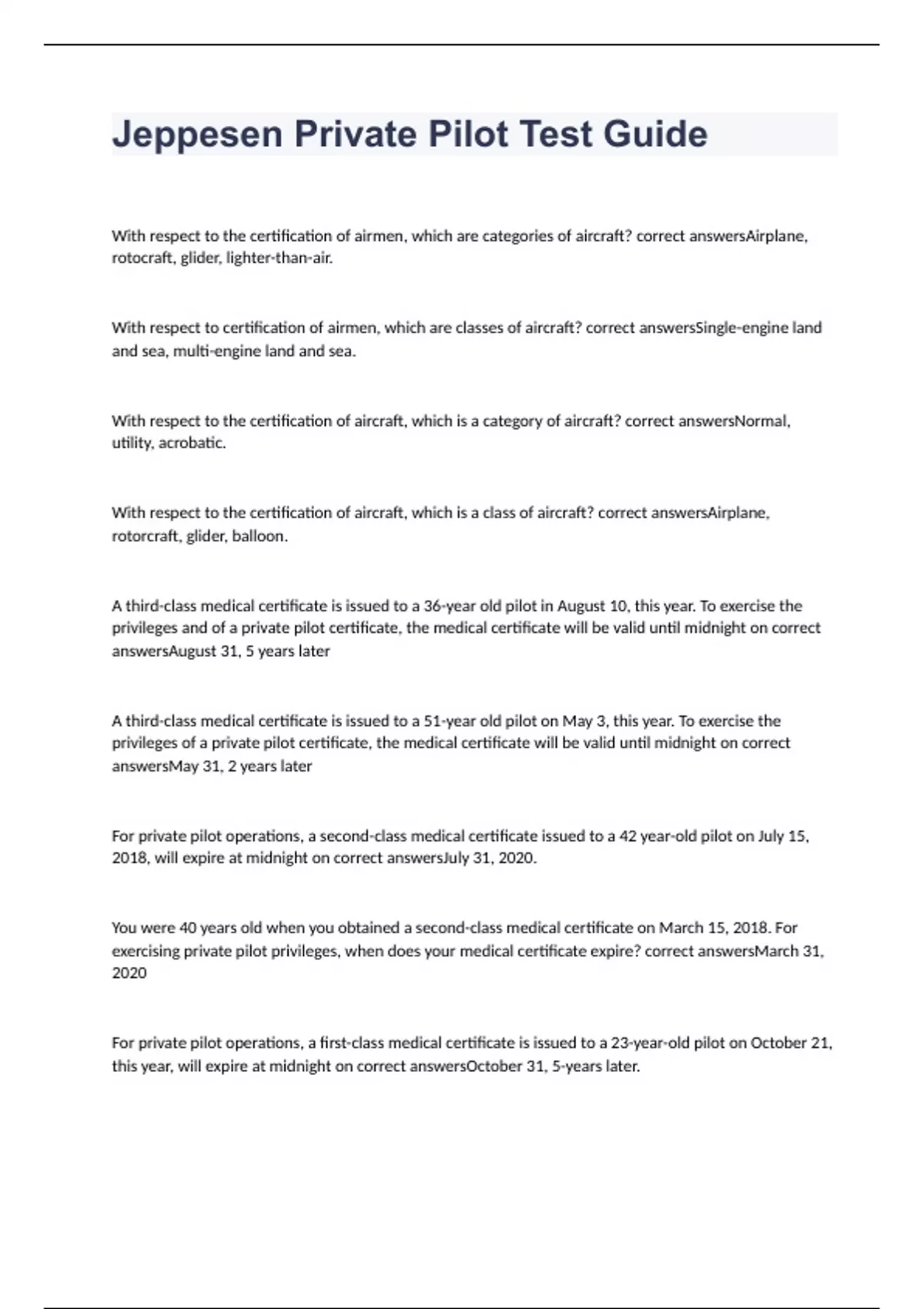 Jeppesen Private Pilot Test Guide 2023 with 100% correct answers ...