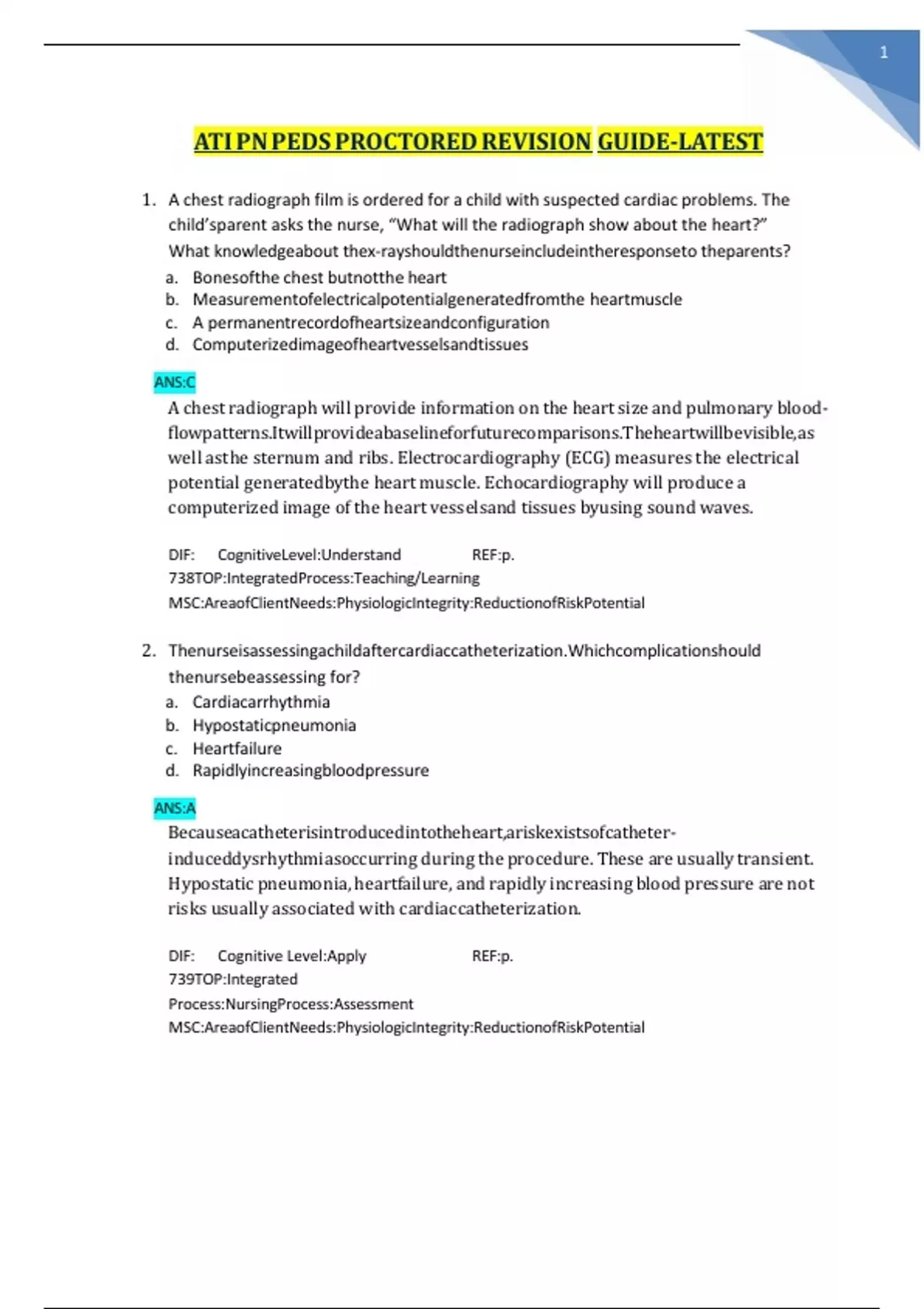 ATI PN PEDS PROCTORED REVISION GUIDE-LATEST WITH WELL EXPLAINED ANSWERS ...