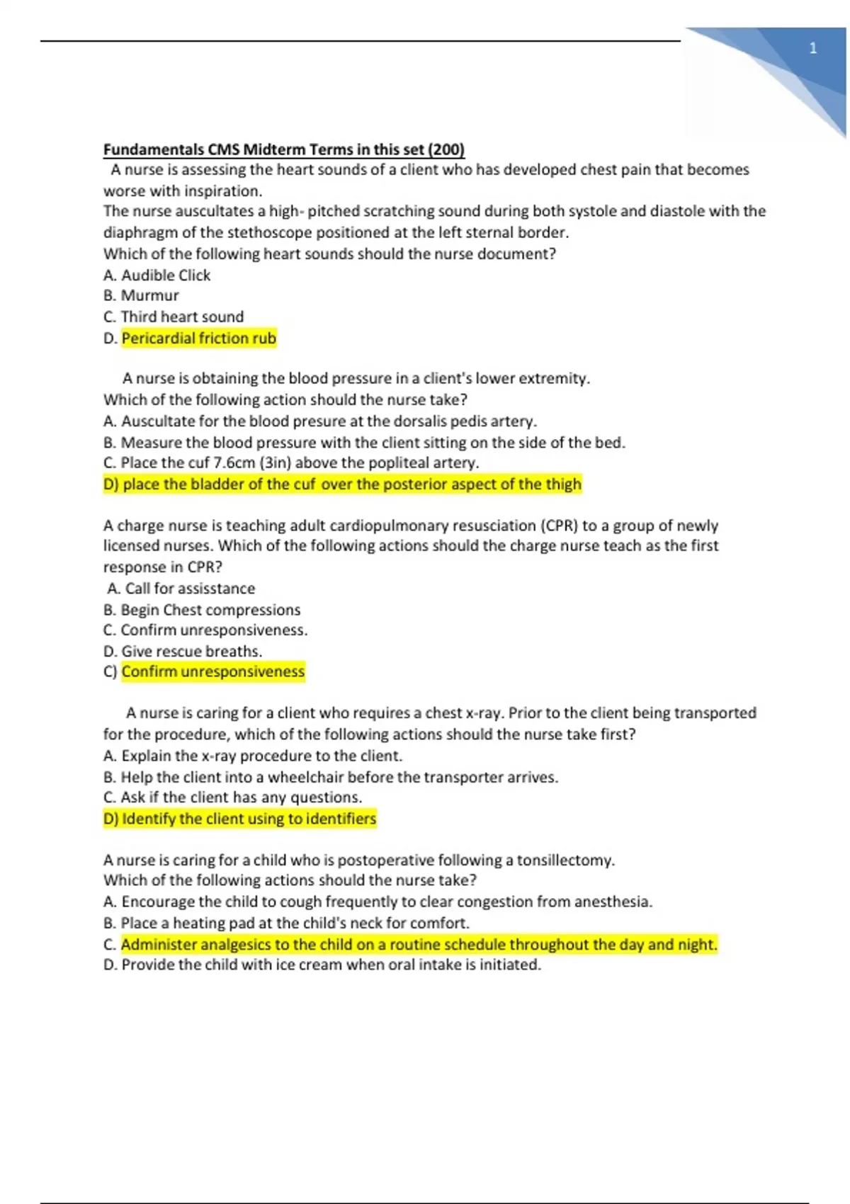 Nursing LVN VN 200 Fundamentals CMS Midterm Questions And Answers Exam ...