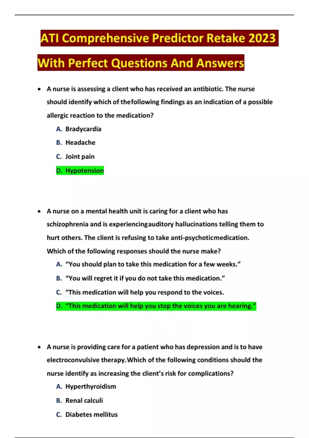 ATI Comprehensive Predictor Retake 2023 With Perfect Questions And ...