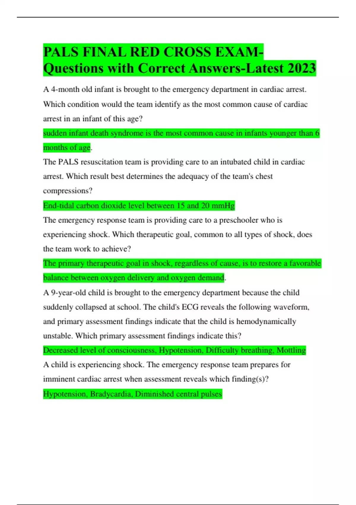 PALS FINAL RED CROSS EXAM-Questions with Correct Answers-Latest 2023 ...