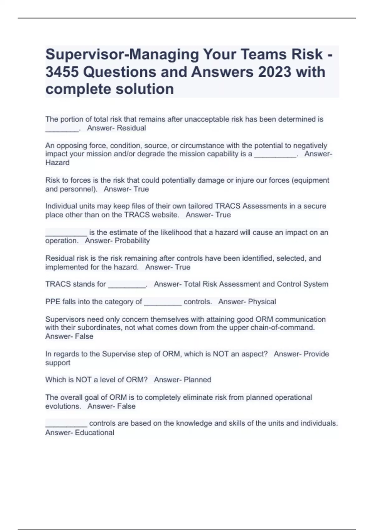 Supervisor-Managing Your Teams Risk - 3455 Questions and Answers 2023 ...