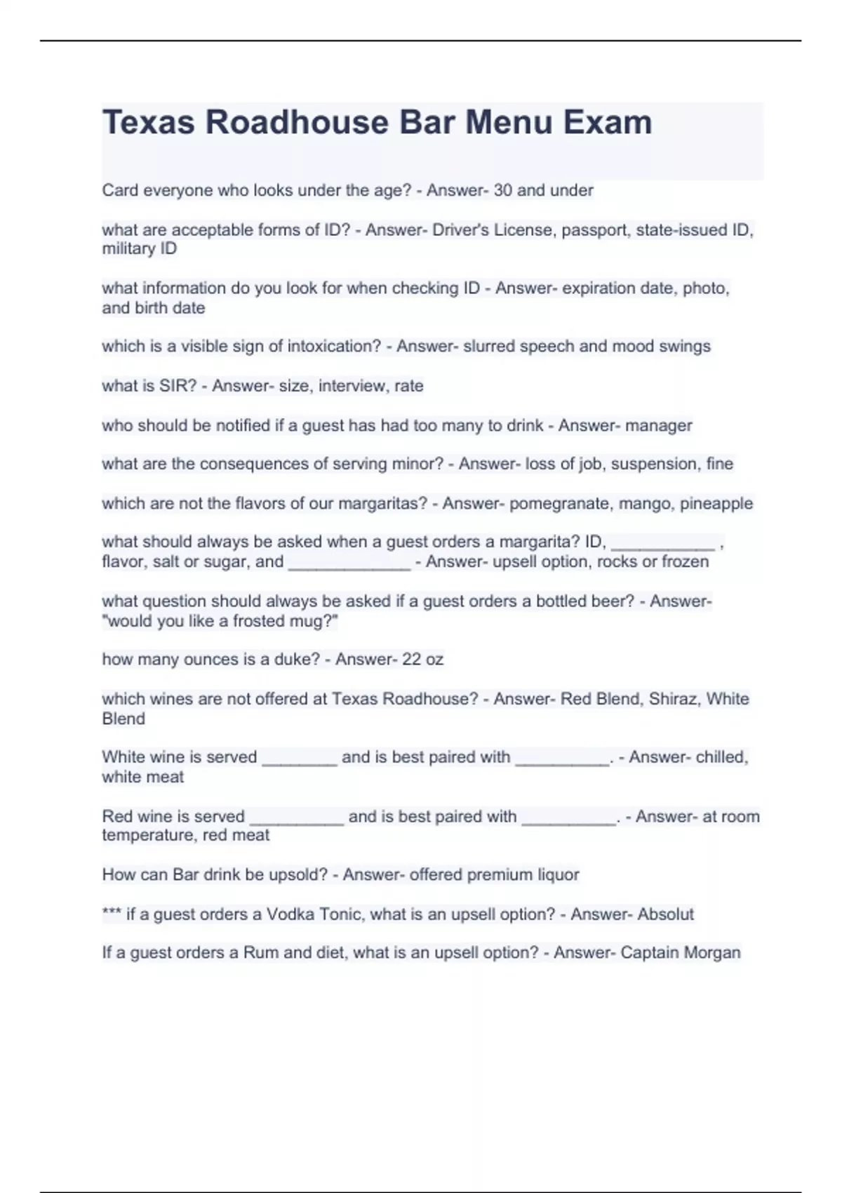 Texas Roadhouse Bar Menu Exam - Texas Roadhouse Bar Menu - Stuvia UK