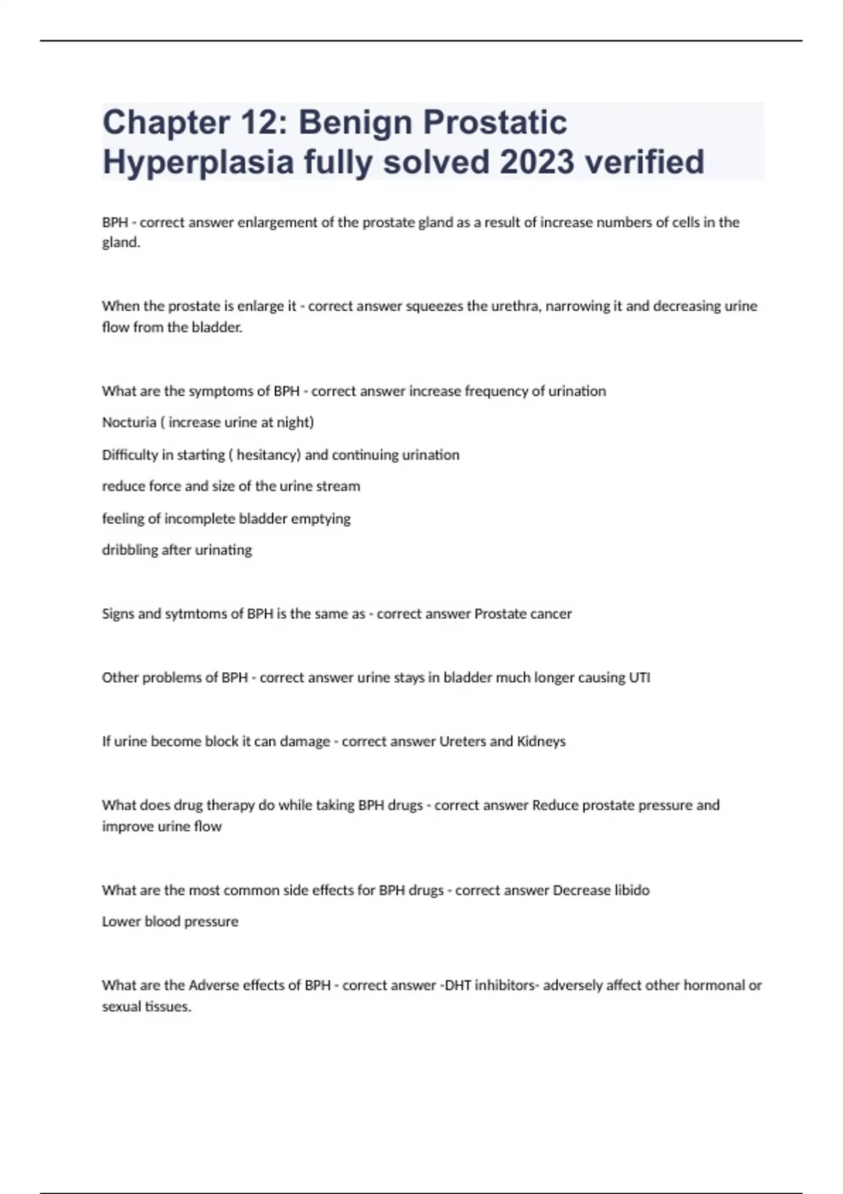Chapter 12: Benign Prostatic Hyperplasia fully solved 2023 verified ...