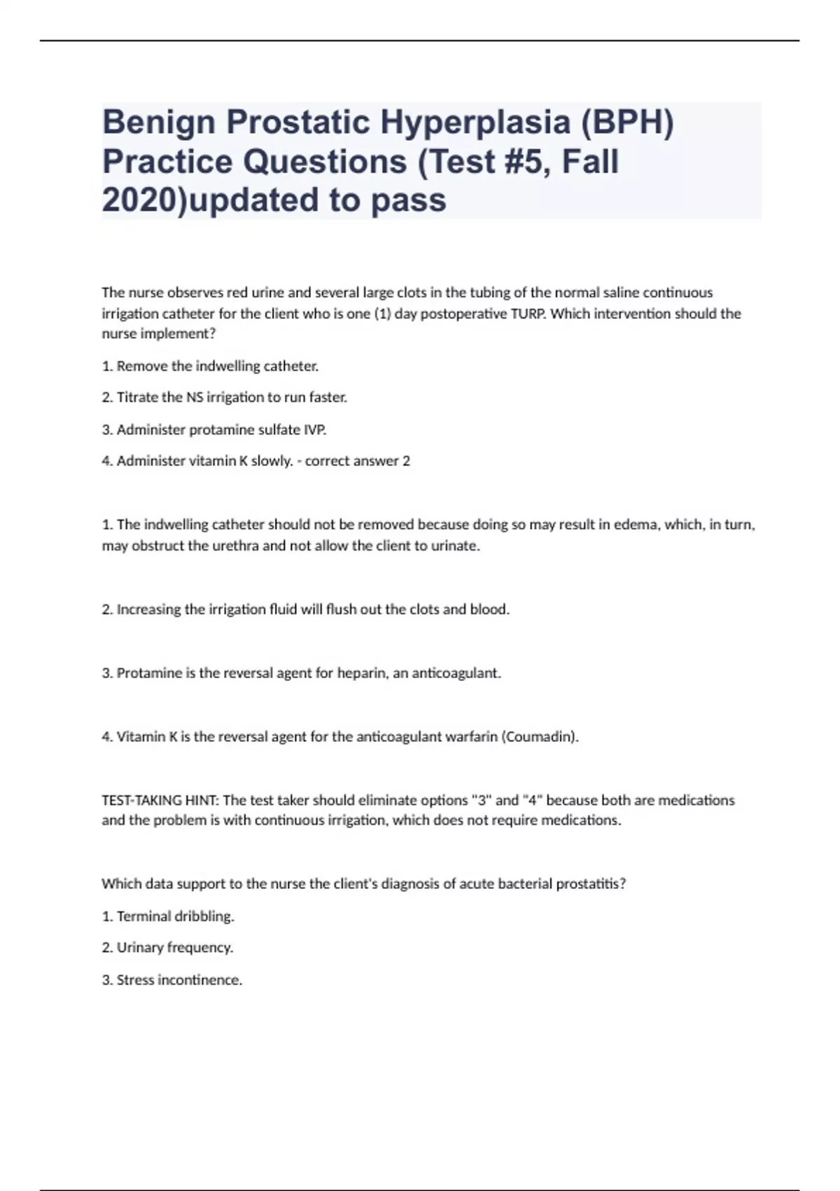 Benign Prostatic Hyperplasia (BPH) Practice Questions (Test #5, Fall ...