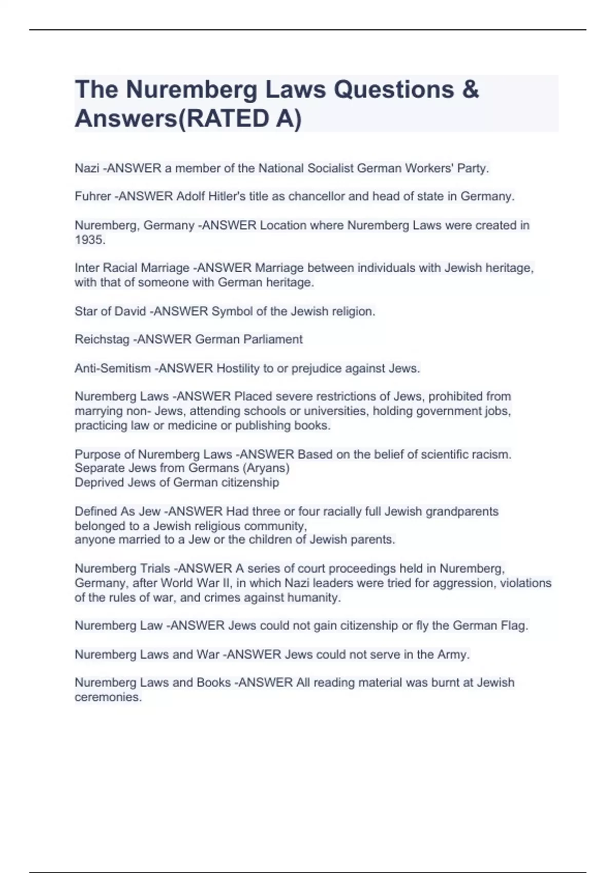 The Nuremberg Laws Questions & Answers(RATED A) - The Nuremberg Laws ...