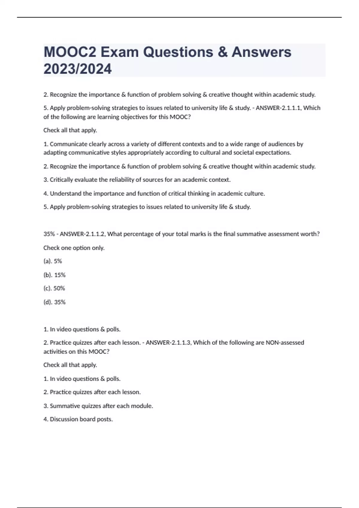 MOOC2 Exam Questions & Answers 2023/2024 - MOOC2 - Stuvia US
