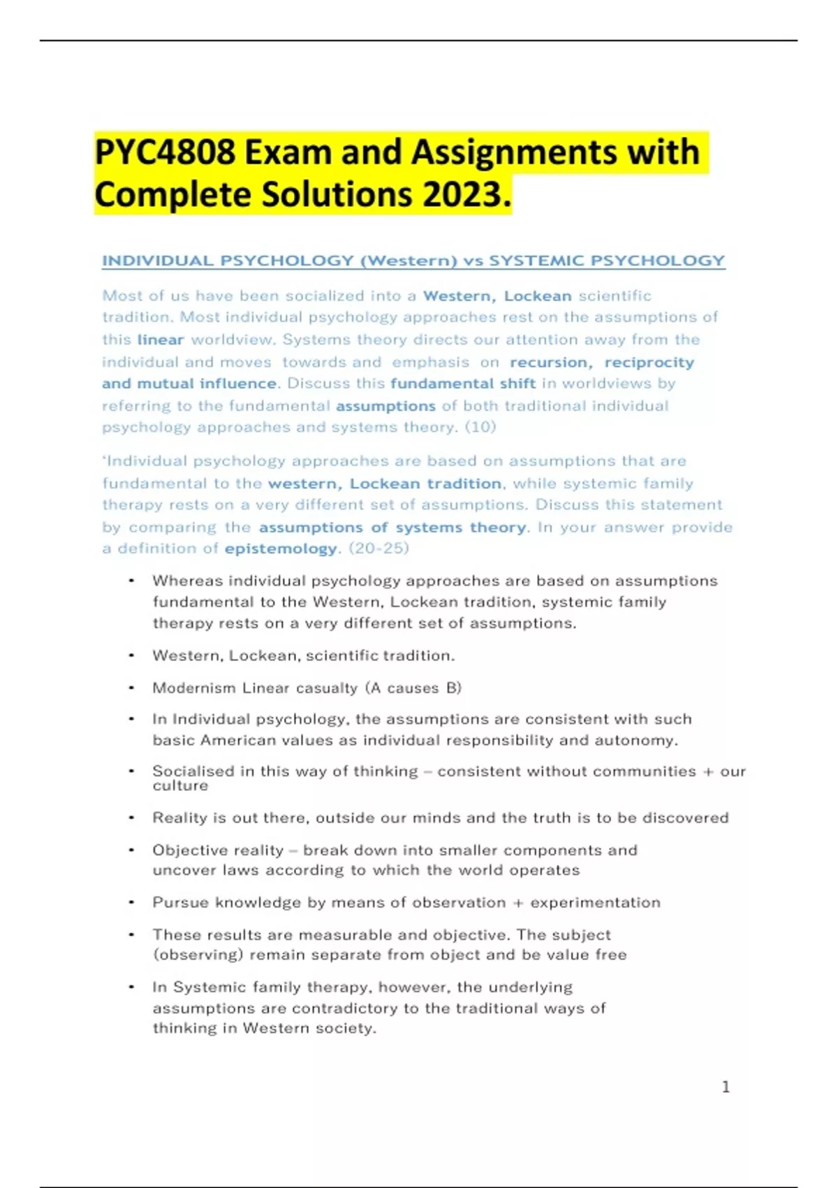 PYC4808 Exam and Assignments with Complete Solutions 2023. - PYC4808 - Ecosystemic Psychology ...