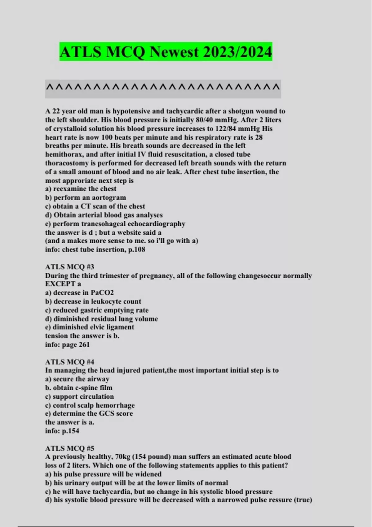 ATLS MCQ Newest 2023 QUESTIONS AND ANSWERS - ATLS - Stuvia US