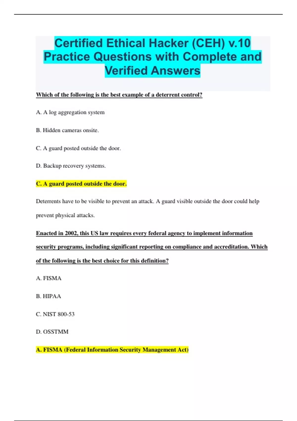 Certified Ethical Hacker (CEH) v.10 Practice Questions with Complete and Verified Answers ...