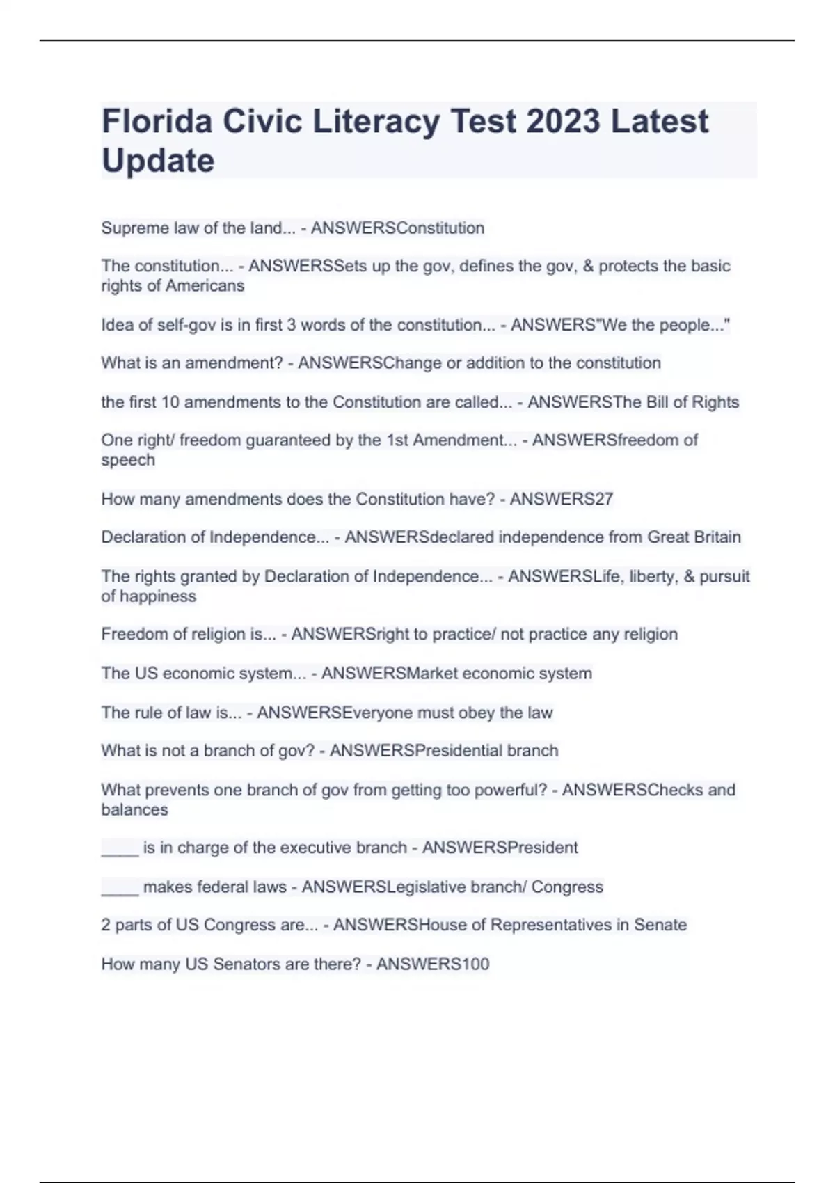 Florida Civic Literacy Test 2023 Latest Update - Florida Civic Literacy ...