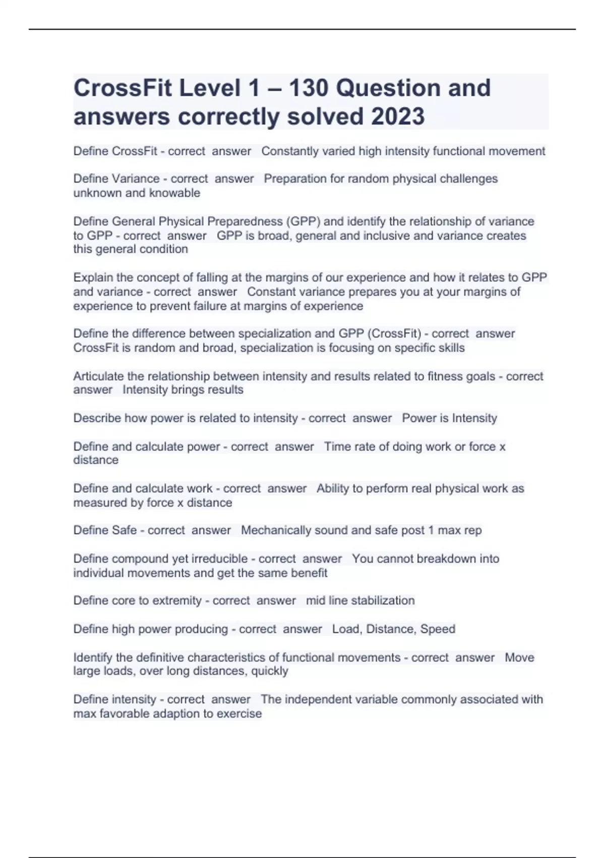 Crossfit Level 1 130 Question And Answers Correctly Solved 2023 Crossfit Level 1 130