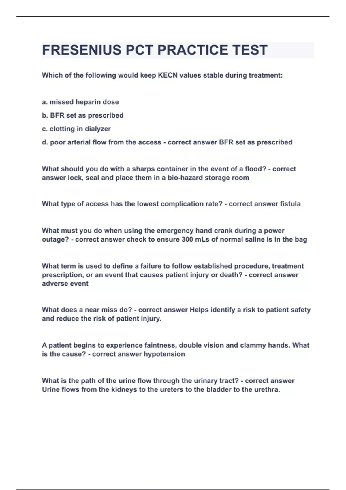 FRESENIUS PCT PRACTICE TEST|UPDATED&VERIFIED|100% SOLVED|GUARANTEED ...