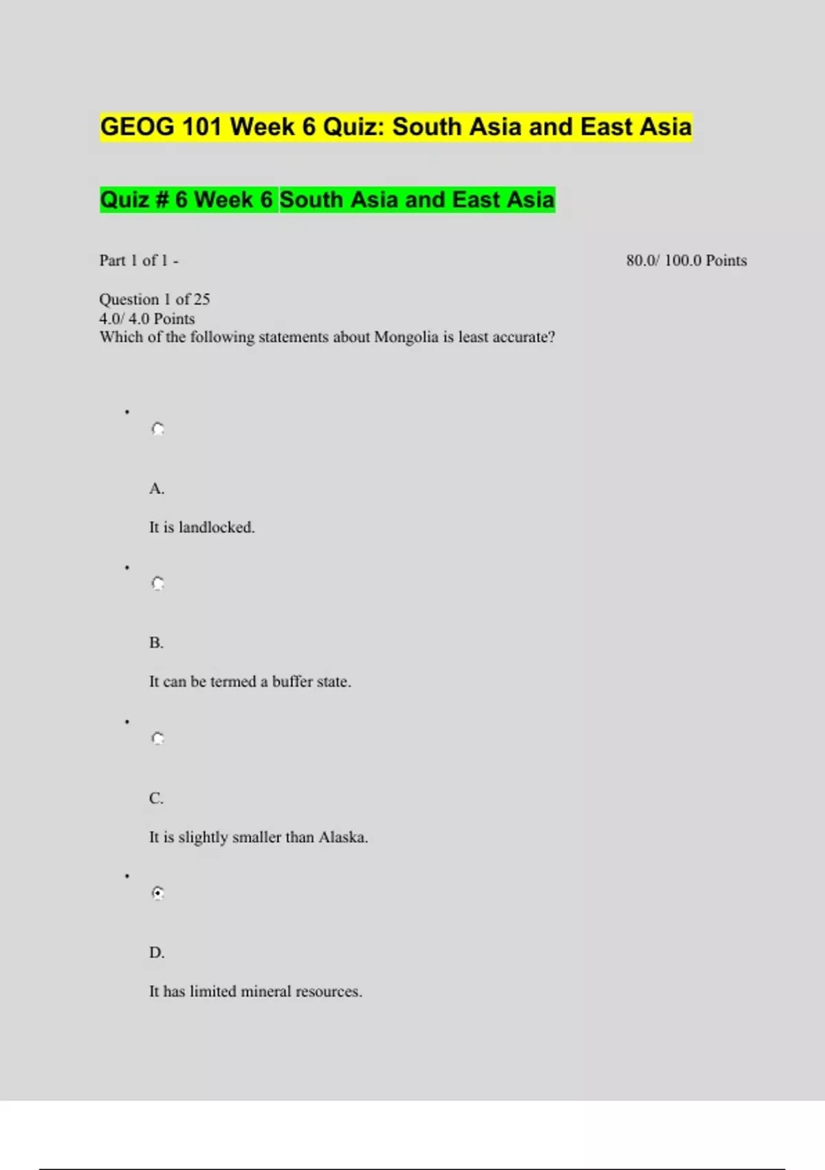 2023 GEOG 101 Week 6 Quiz South Asia and East Asia {Questions and ...