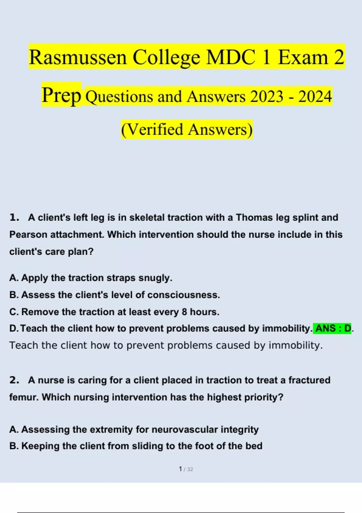 Rasmussen College MDC 1 Exam 2 Prep Questions and Answers (Verified ...