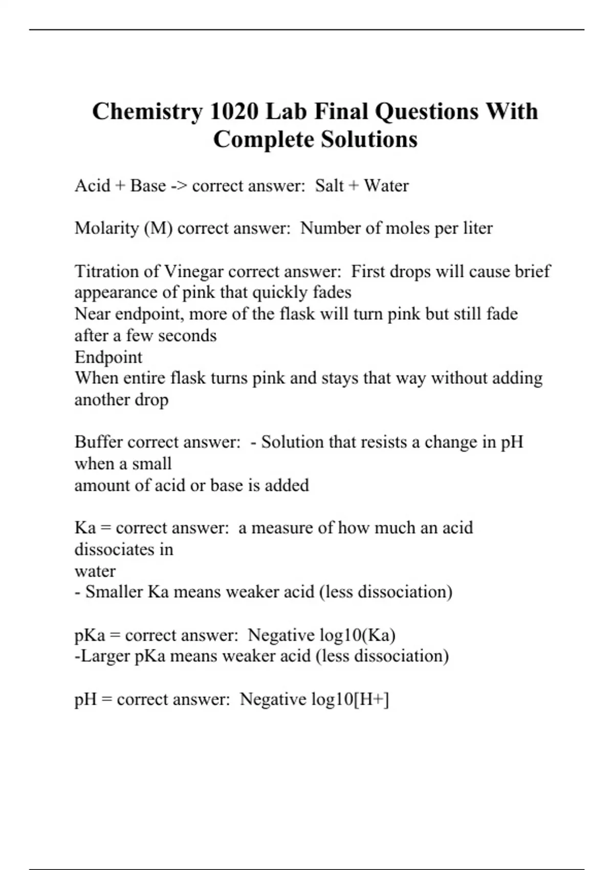 Chemistry 1020 Lab Final Questions With Complete Solutions - Chem 1020 - Stuvia US