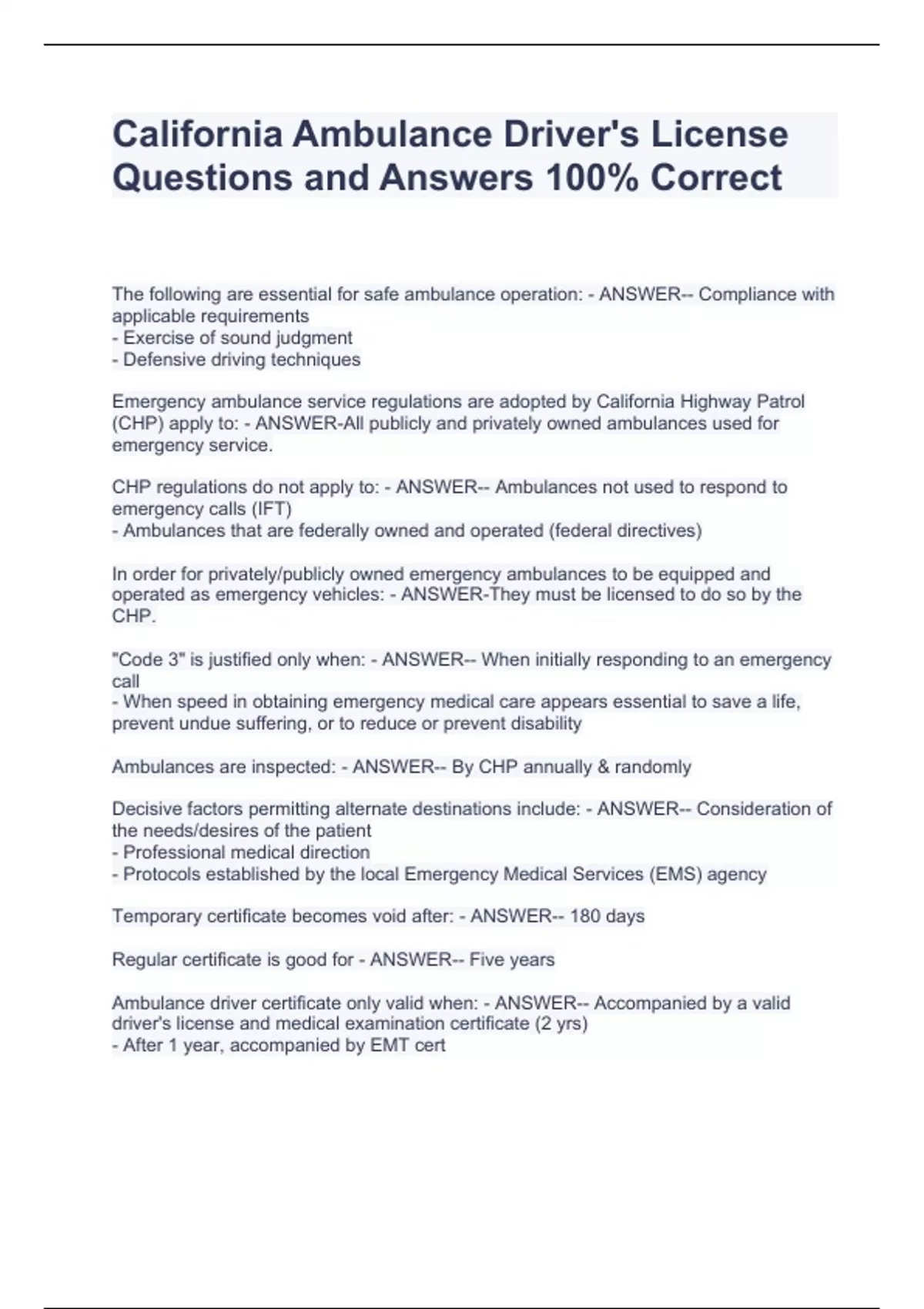 California Ambulance Driver's License Questions and Answers 100% ...