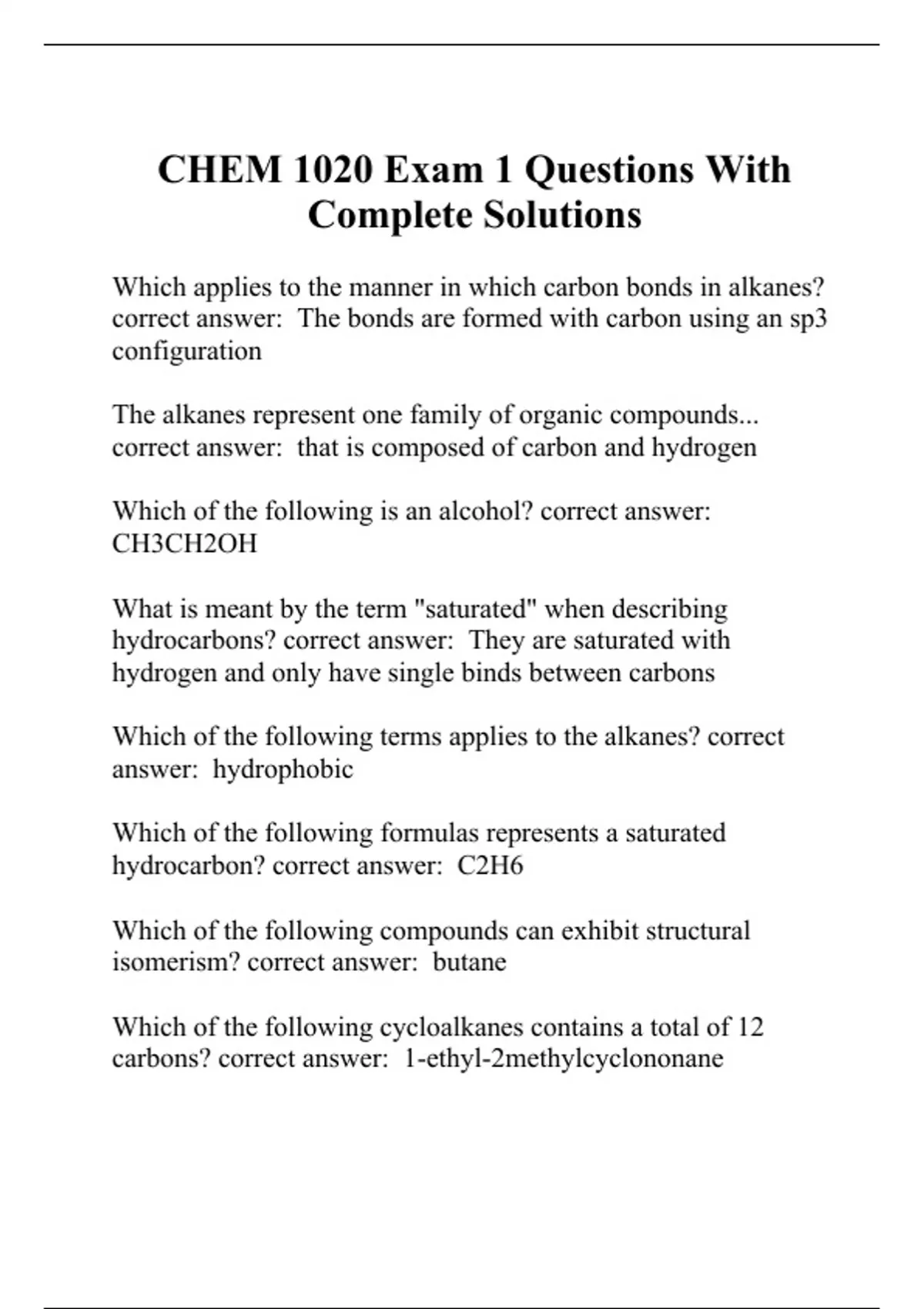 CHEM 1020 Exam 1 Questions With Complete Solutions - CHEM 1020 - Stuvia US