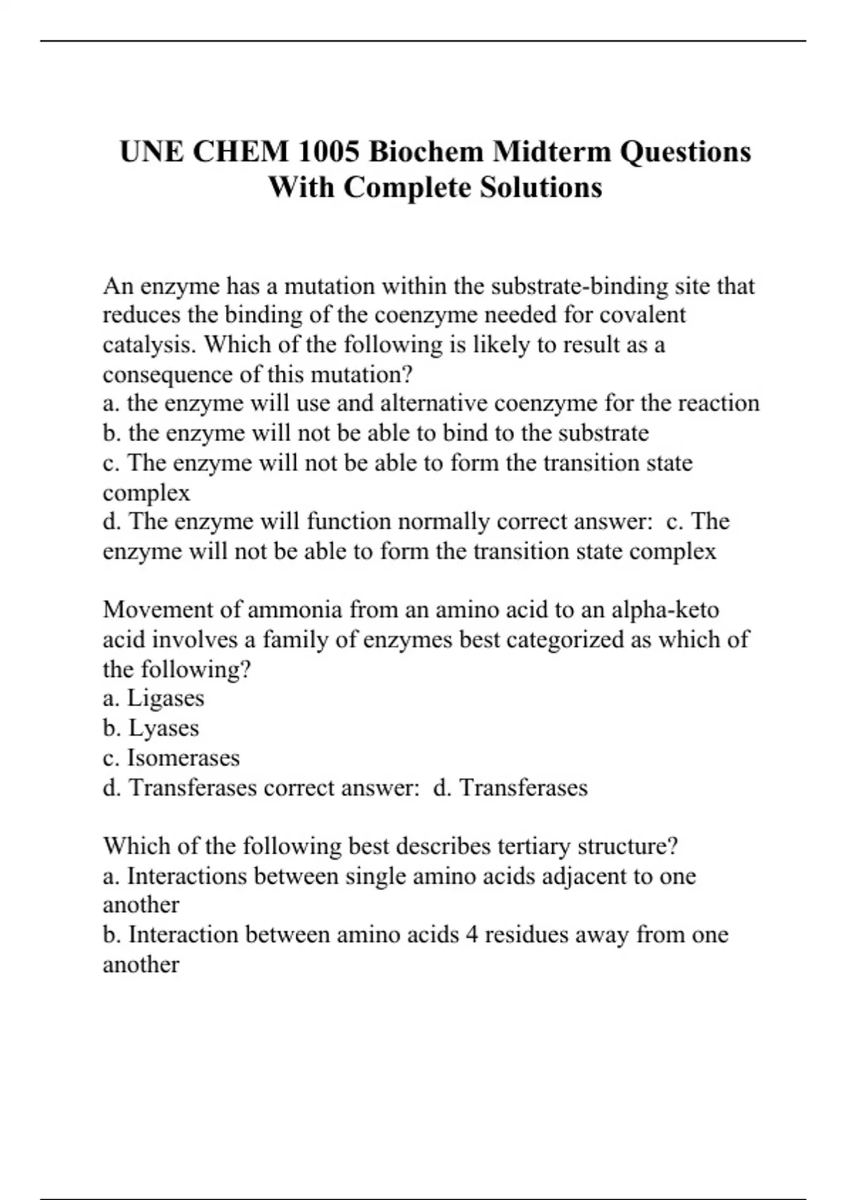 UNE CHEM 1005 Biochem Midterm Questions With Complete Solutions - CHEM ...