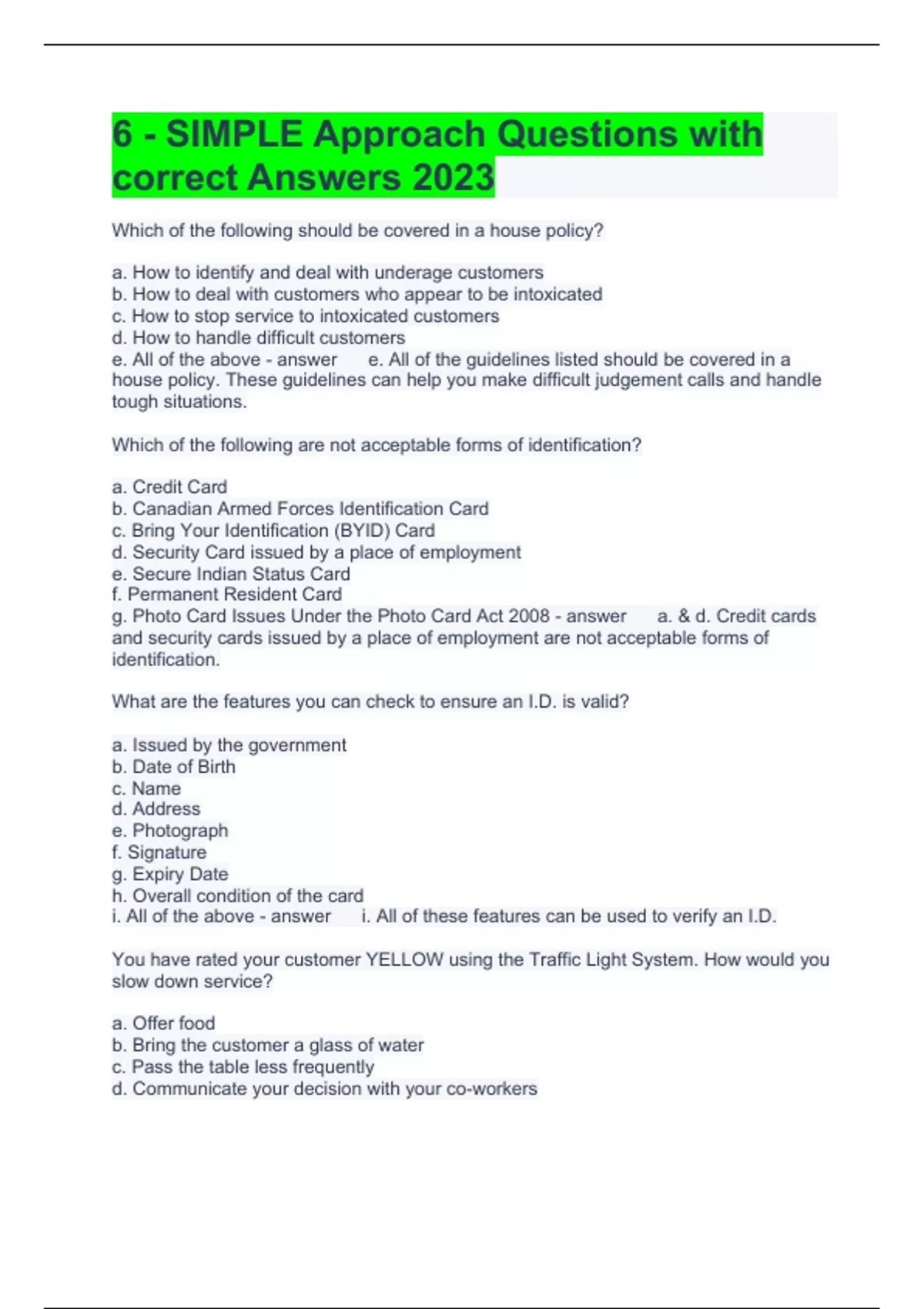 6 - SIMPLE Approach Questions with correct Answers 2023 - Smartserve ...