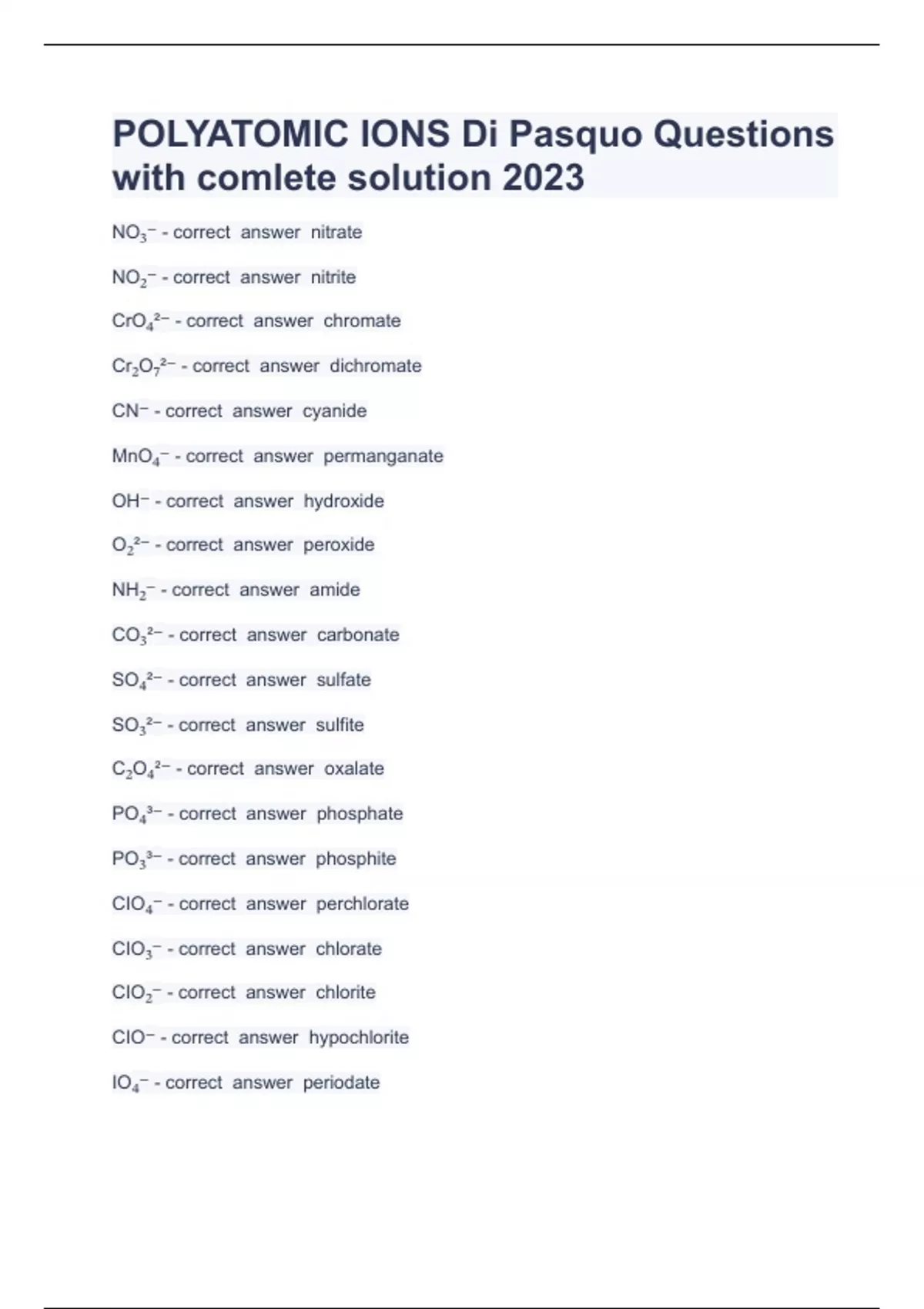 POLYATOMIC IONS Di Pasquo Questions with comlete solution 2023 ...