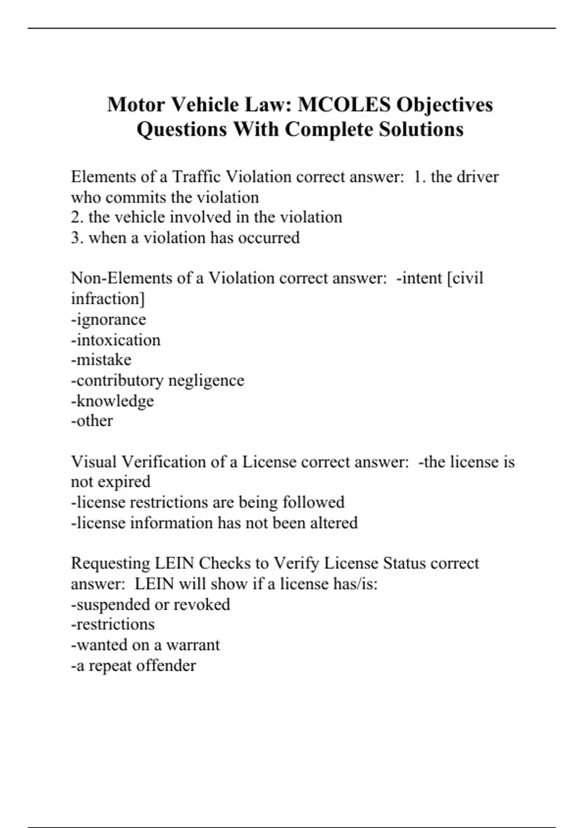Motor Vehicle Law: MCOLES Objectives Questions With Complete Solutions ...