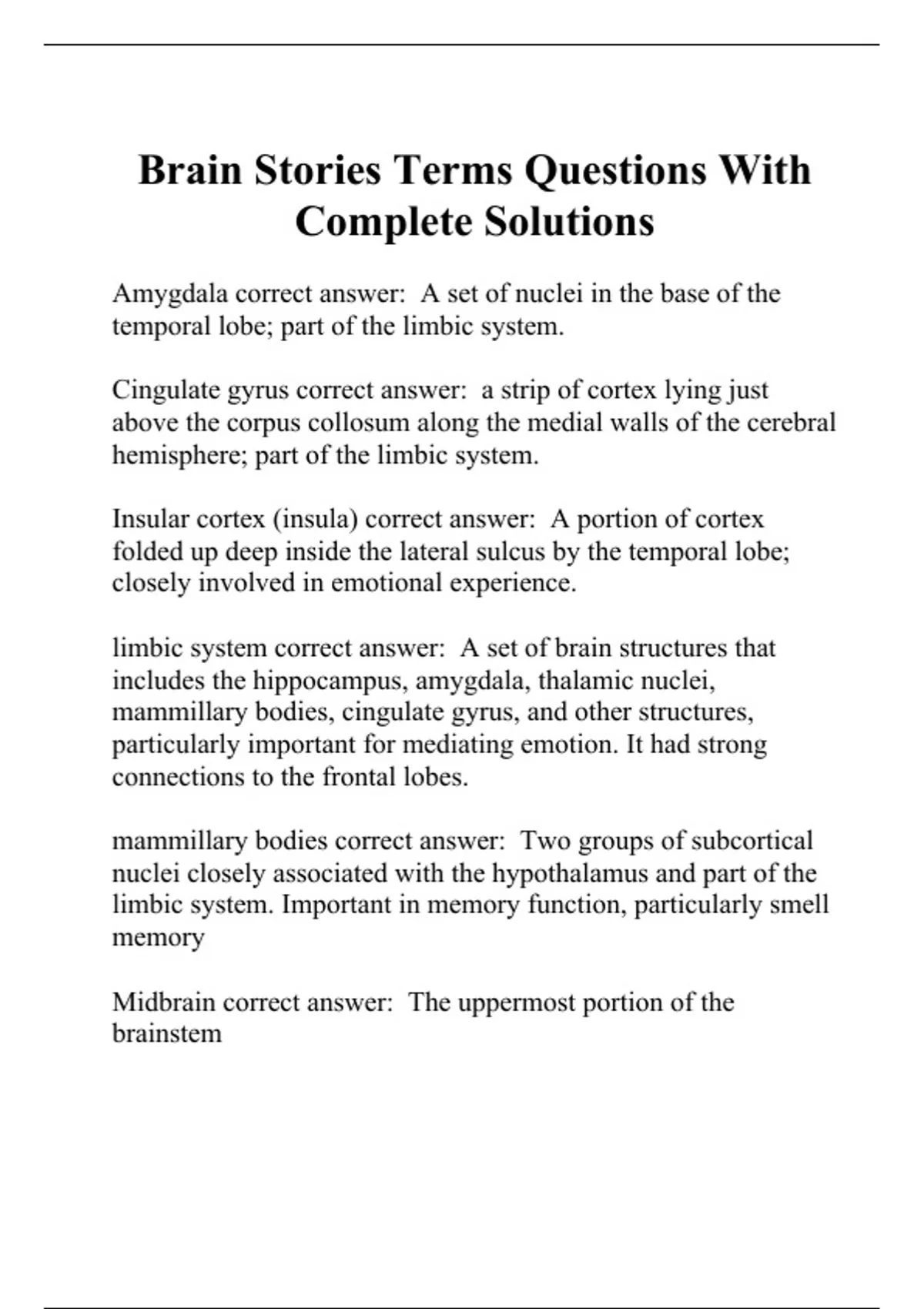 Brain Stories Terms Questions With Complete Solutions - Brain Story ...