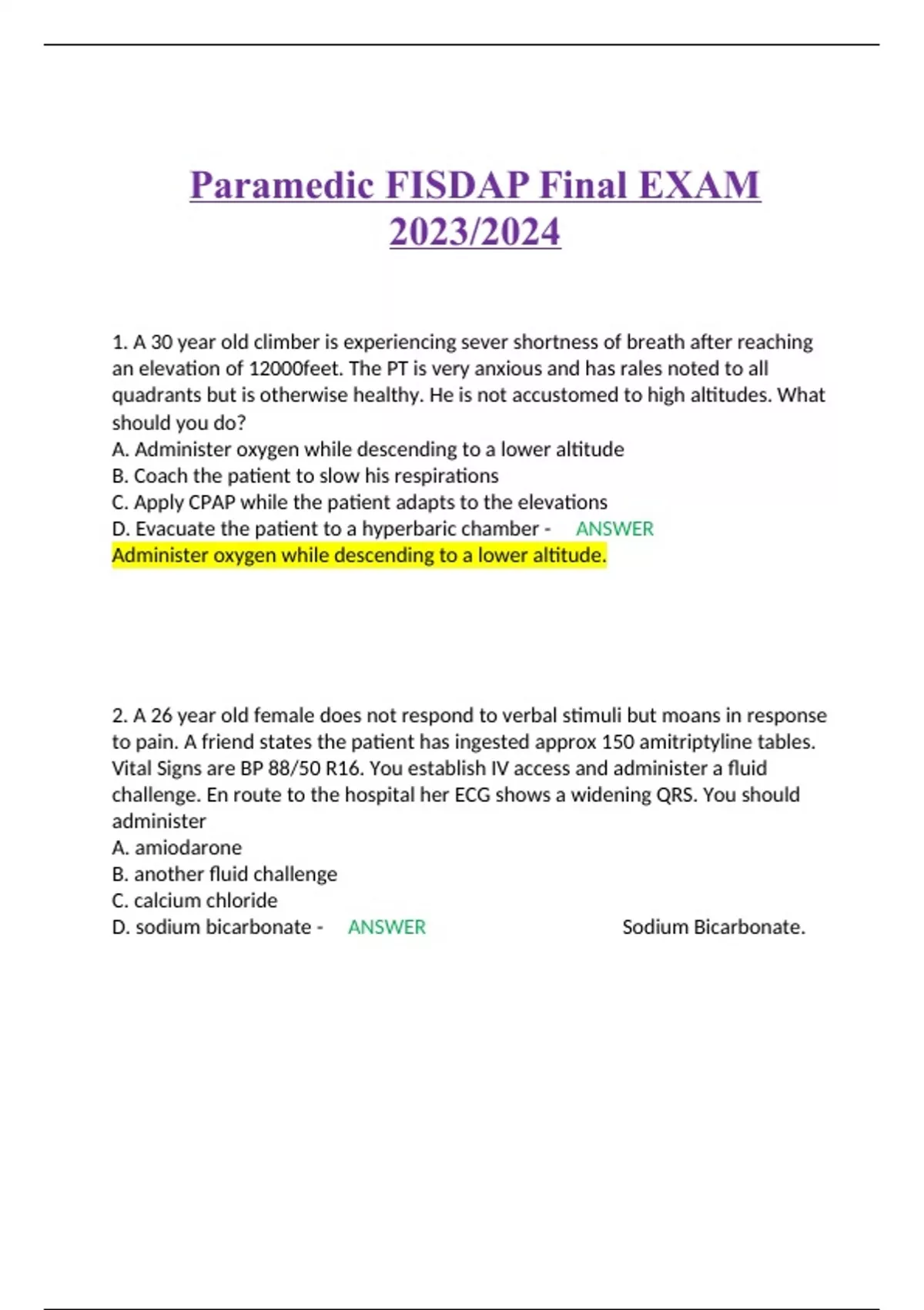Paramedic FISDAP Final EXAM 2023/2024 - FISDAP Paramedic - Stuvia US