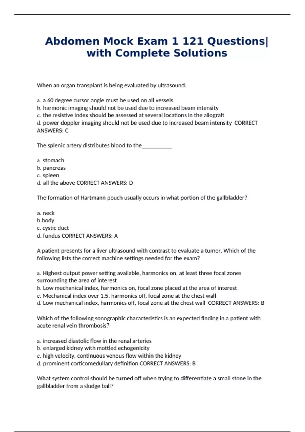 Abdomen Mock Exam 1 121 Questions| with Complete Solutions - Abdomen ...
