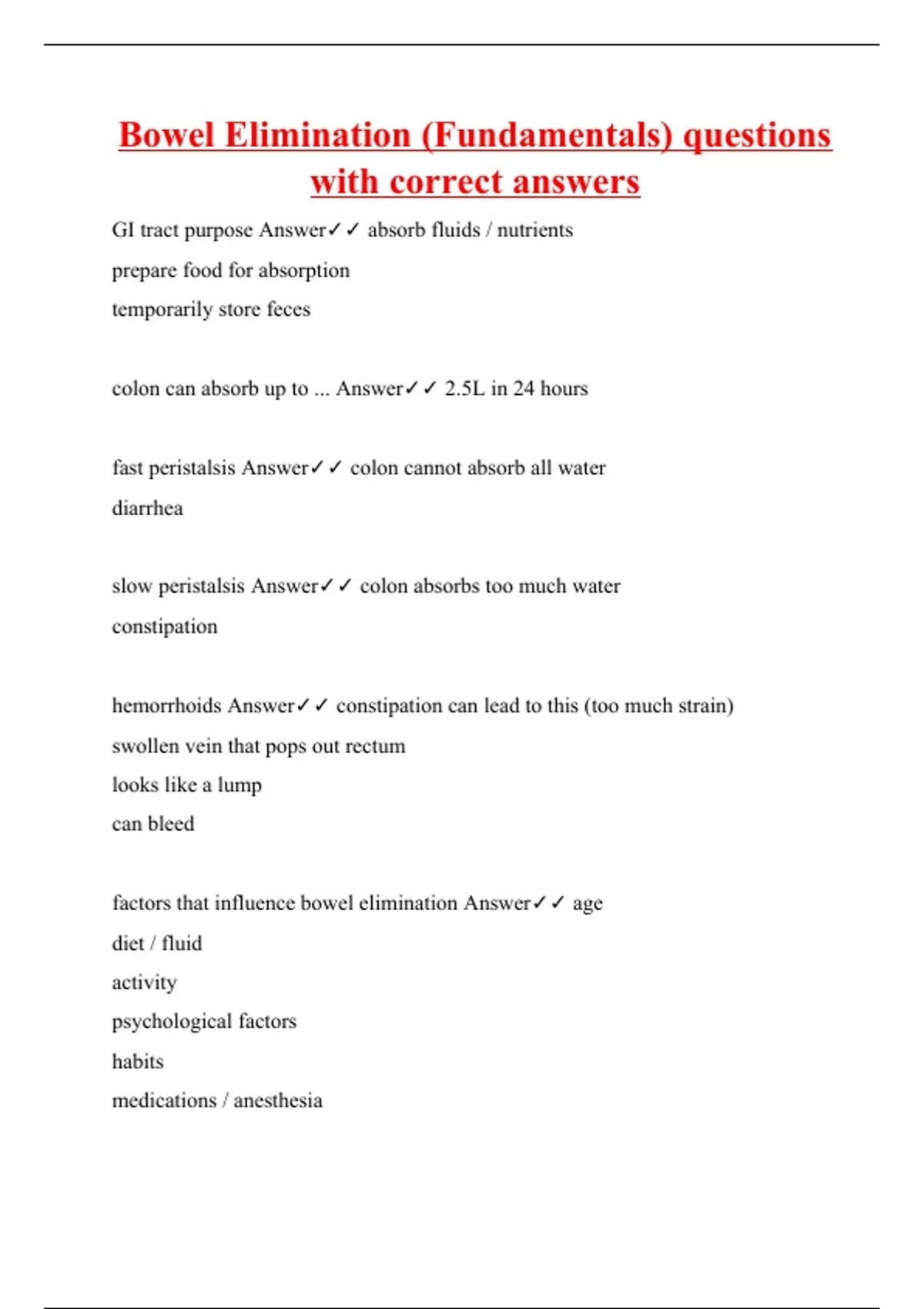 Bowel Elimination (Fundamentals) questions with correct answers - Bowel ...