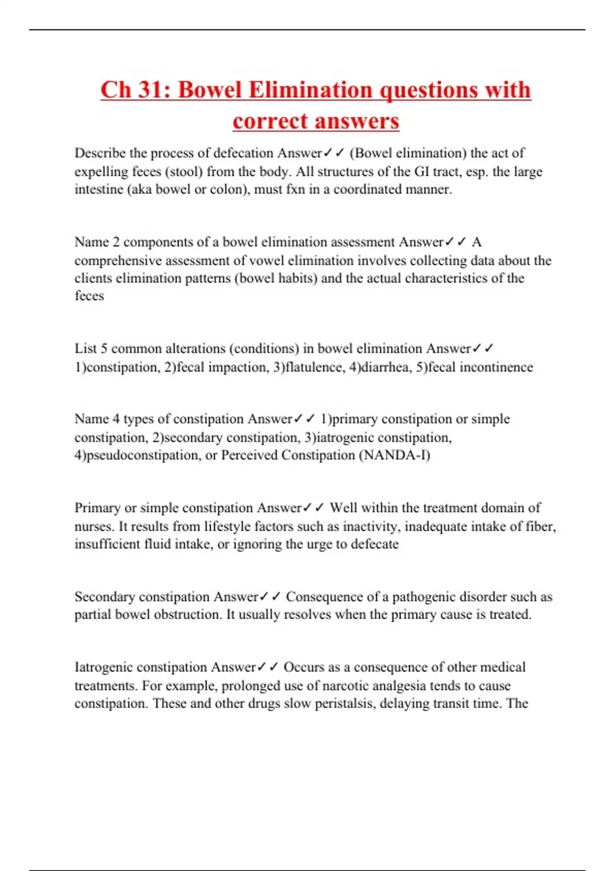 Ch 31: Bowel Elimination questions with correct answers - Ch 31: Bowel ...