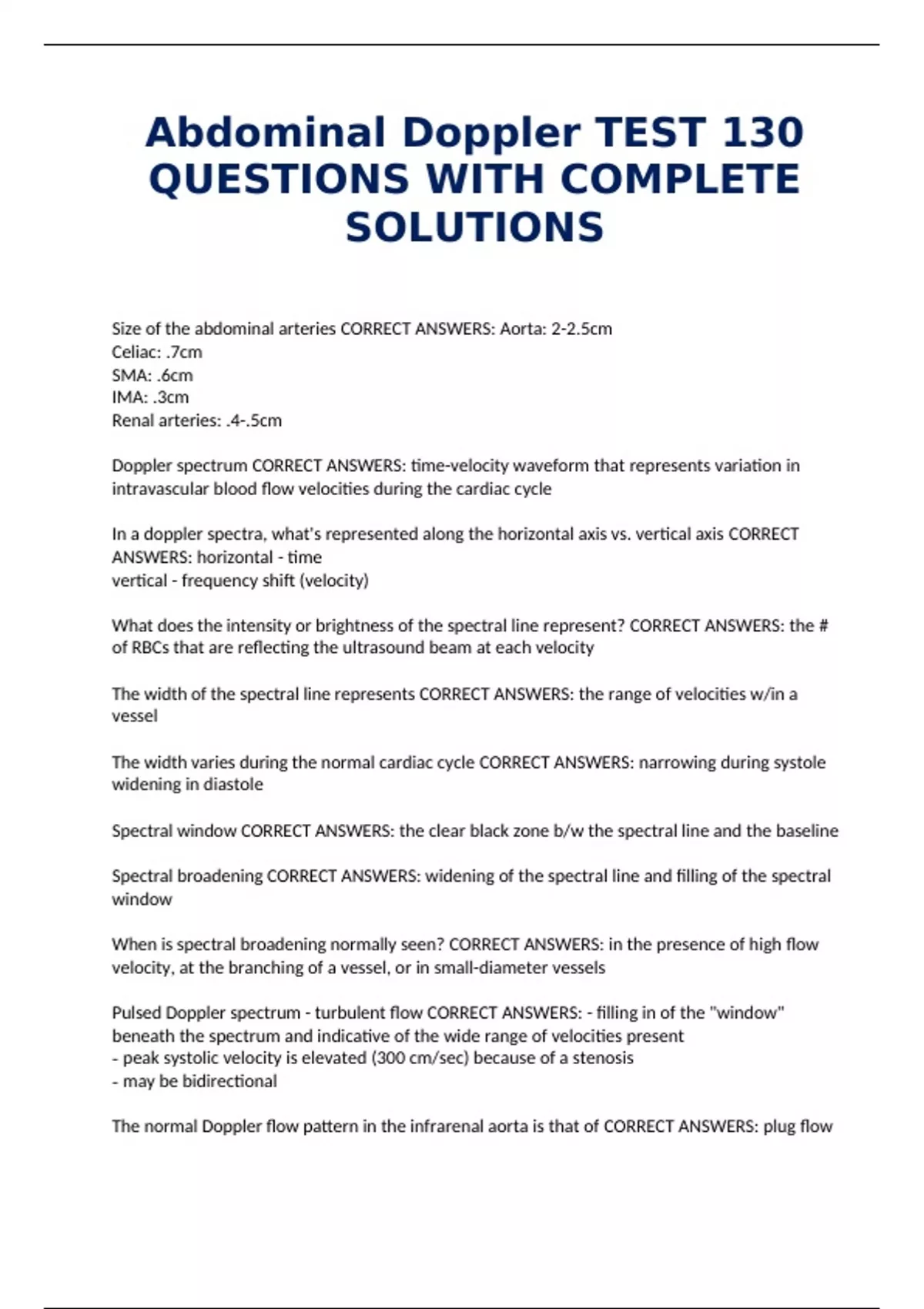 Abdominal Doppler TEST 130 QUESTIONS WITH COMPLETE SOLUTIONS ...