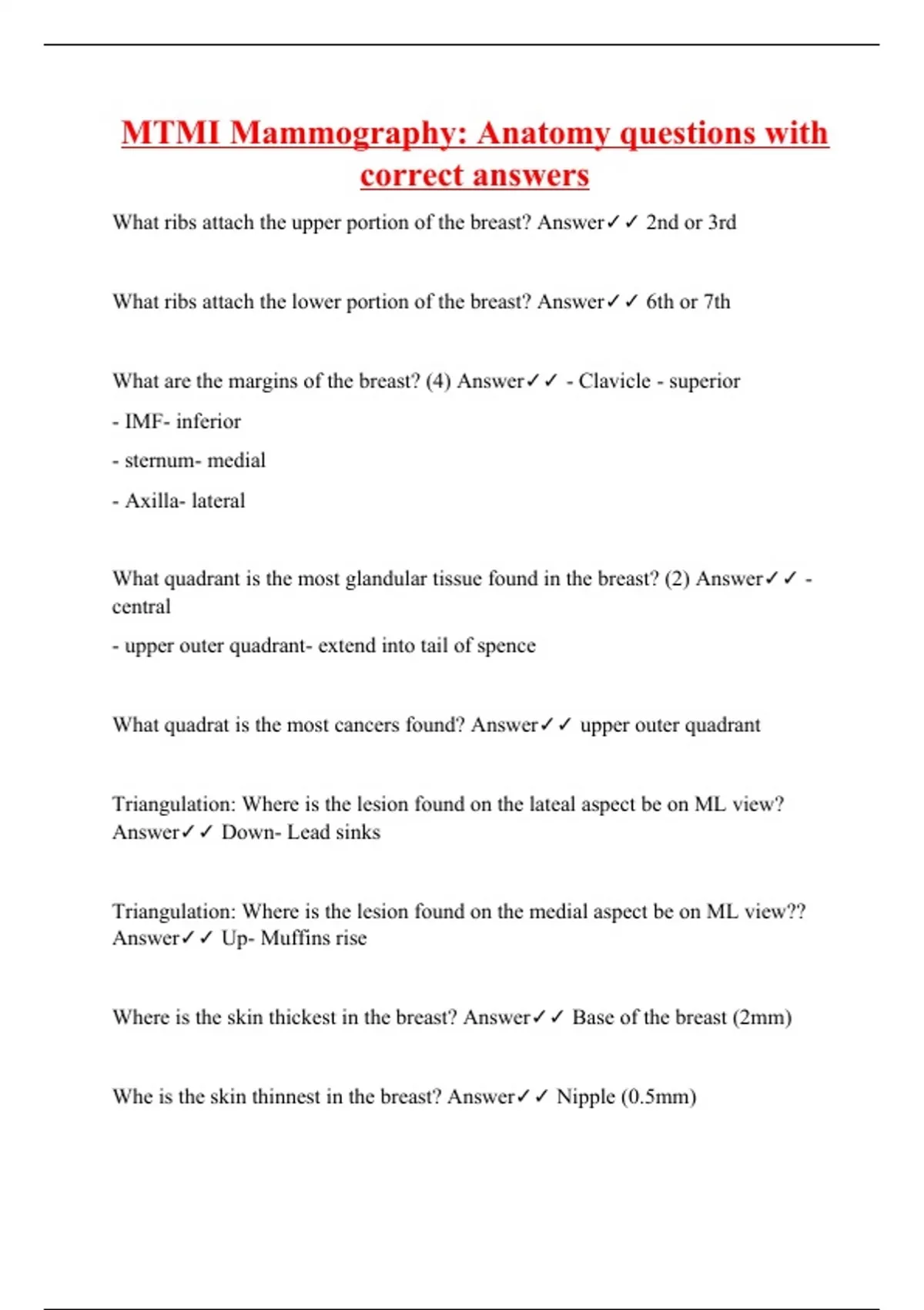 MTMI Mammography: Anatomy questions with correct answers - MTMI - Stuvia US