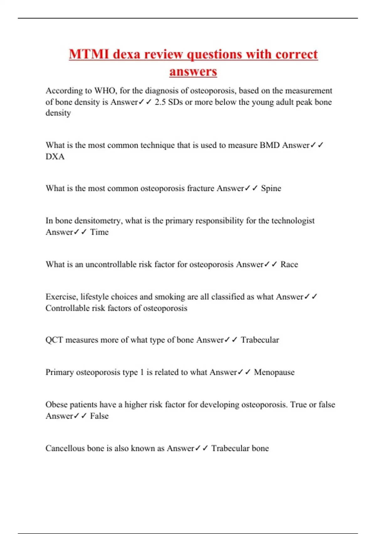 MTMI dexa review questions with correct answers - MTMI - Stuvia US