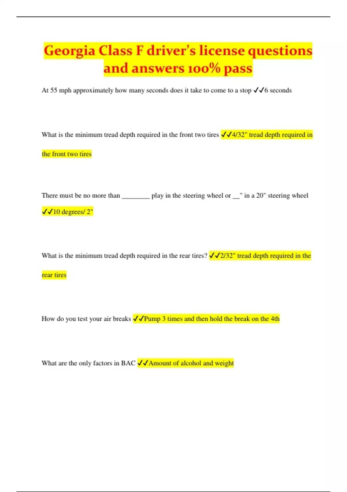 Georgia Class F driver’s license questions and answers 100% pass ...