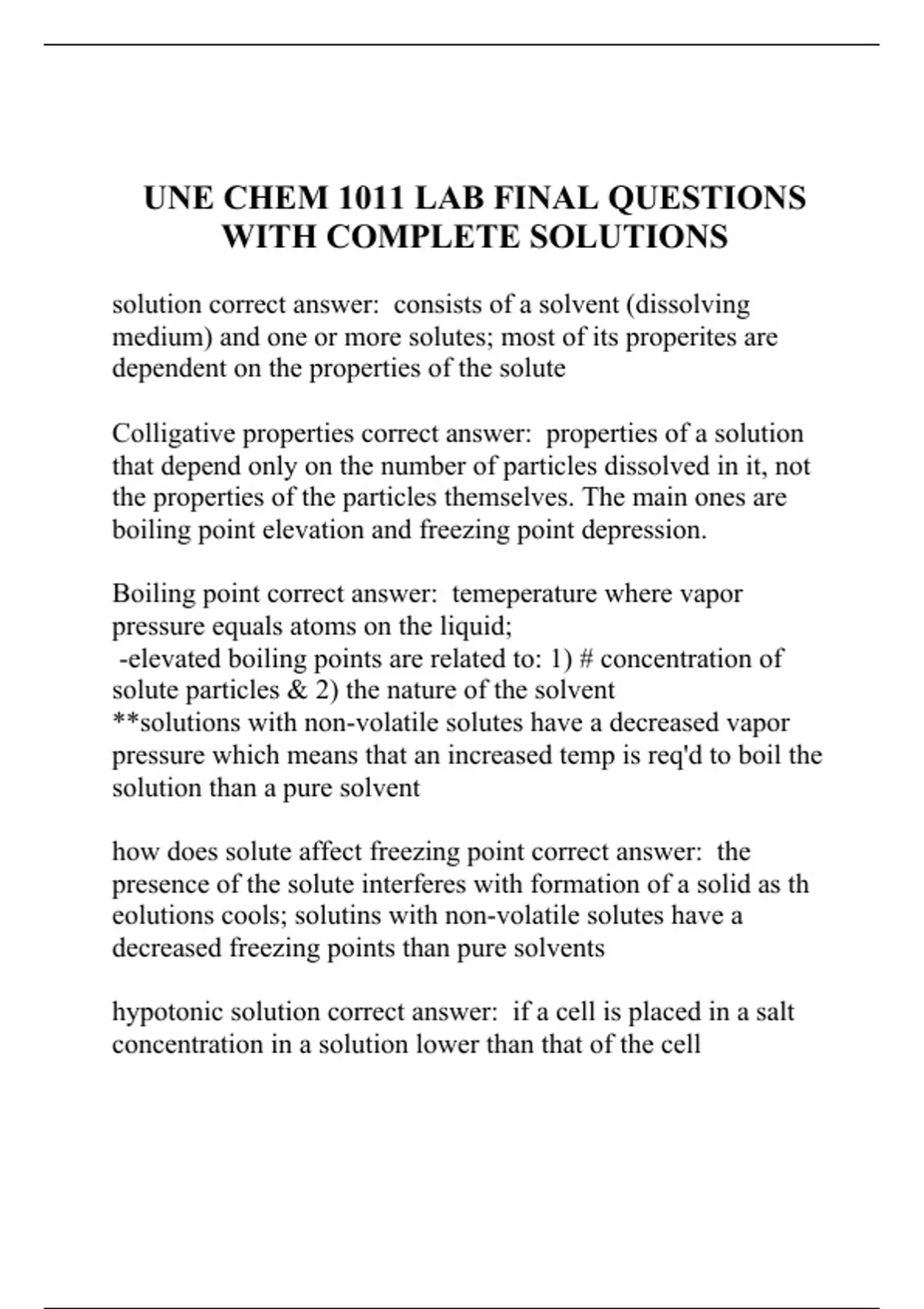 UNE CHEM 1011 LAB FINAL QUESTIONS WITH COMPLETE SOLUTIONS - CHEM 1011 ...
