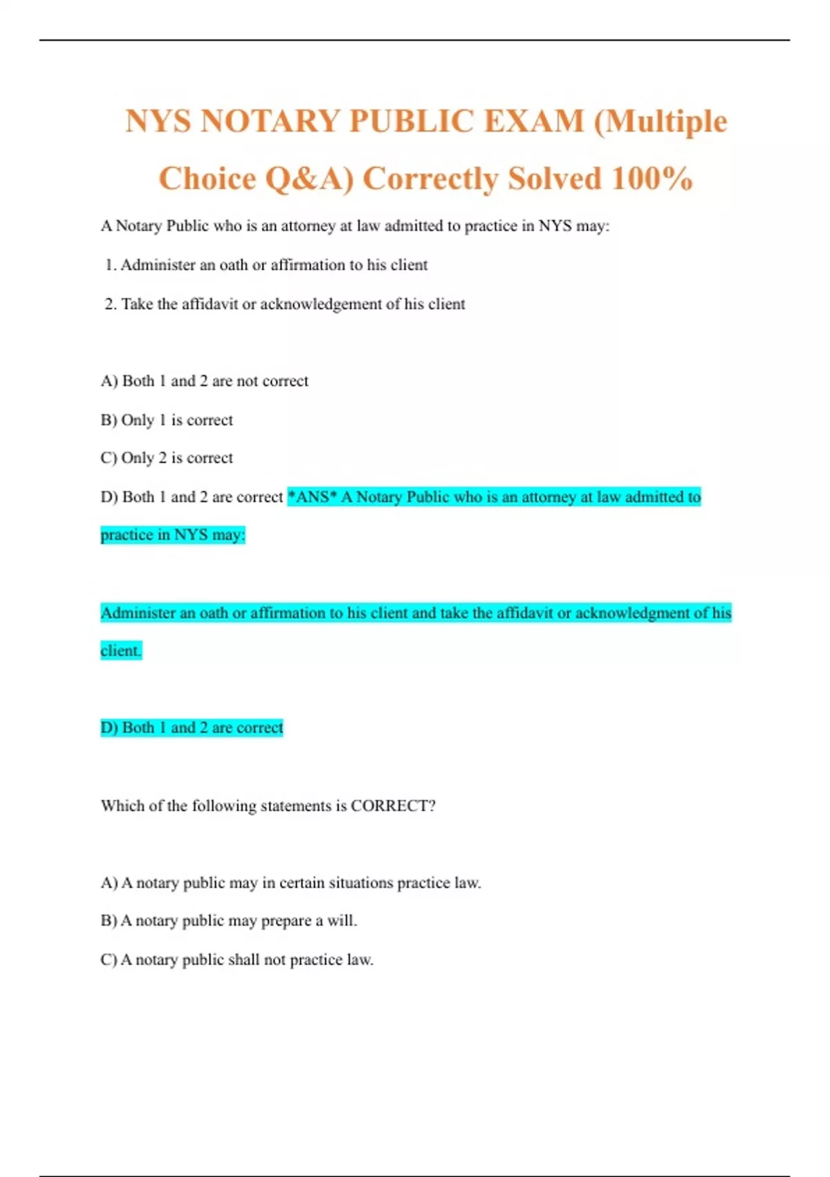 NYS NOTARY PUBLIC EXAM (Multiple Choice Q&A) Correctly Solved 100% - NYS NOTARY PUBLIC - Stuvia US