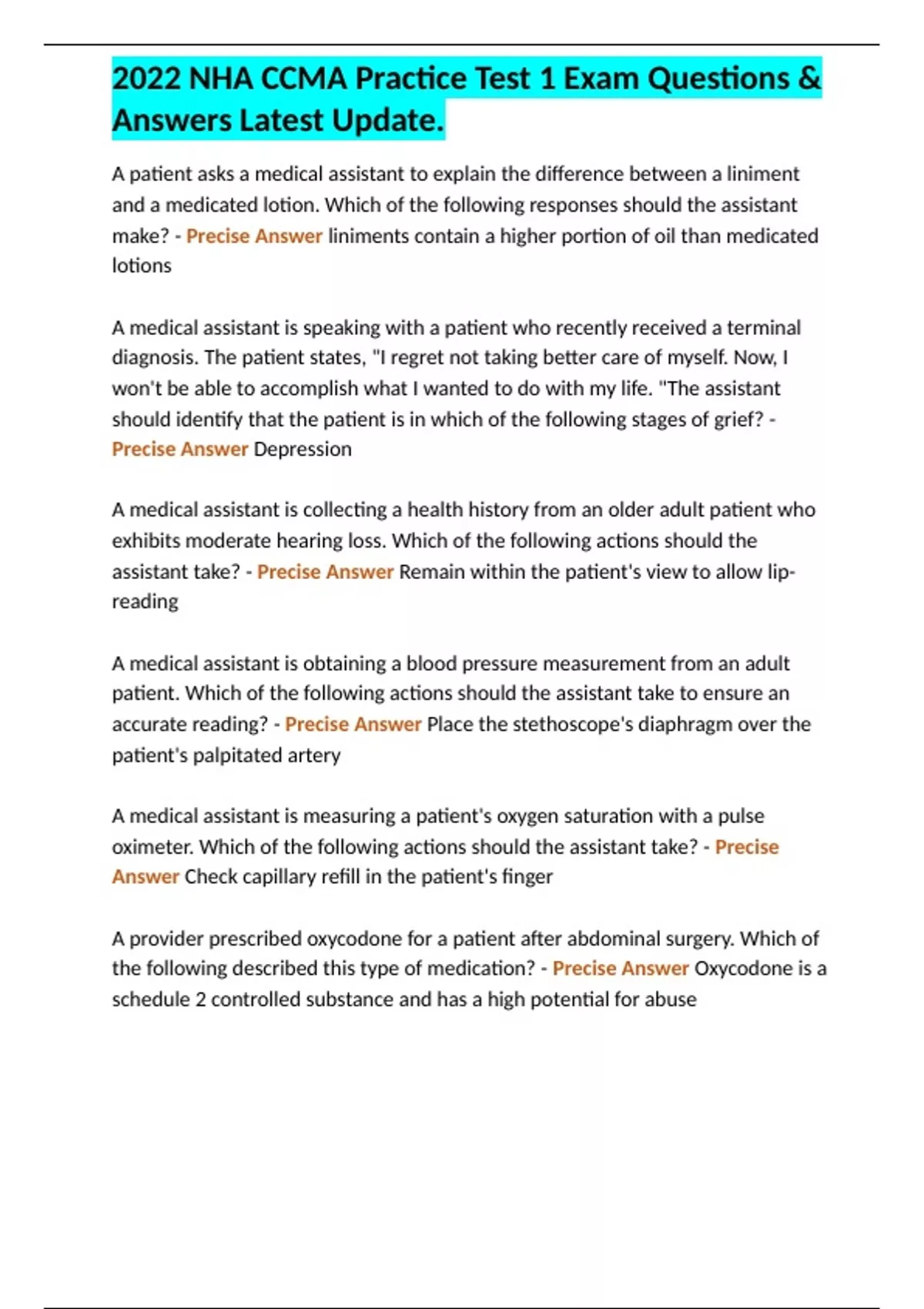 2022 NHA CCMA Practice Test 1 Exam Questions & Answers Latest Update ...