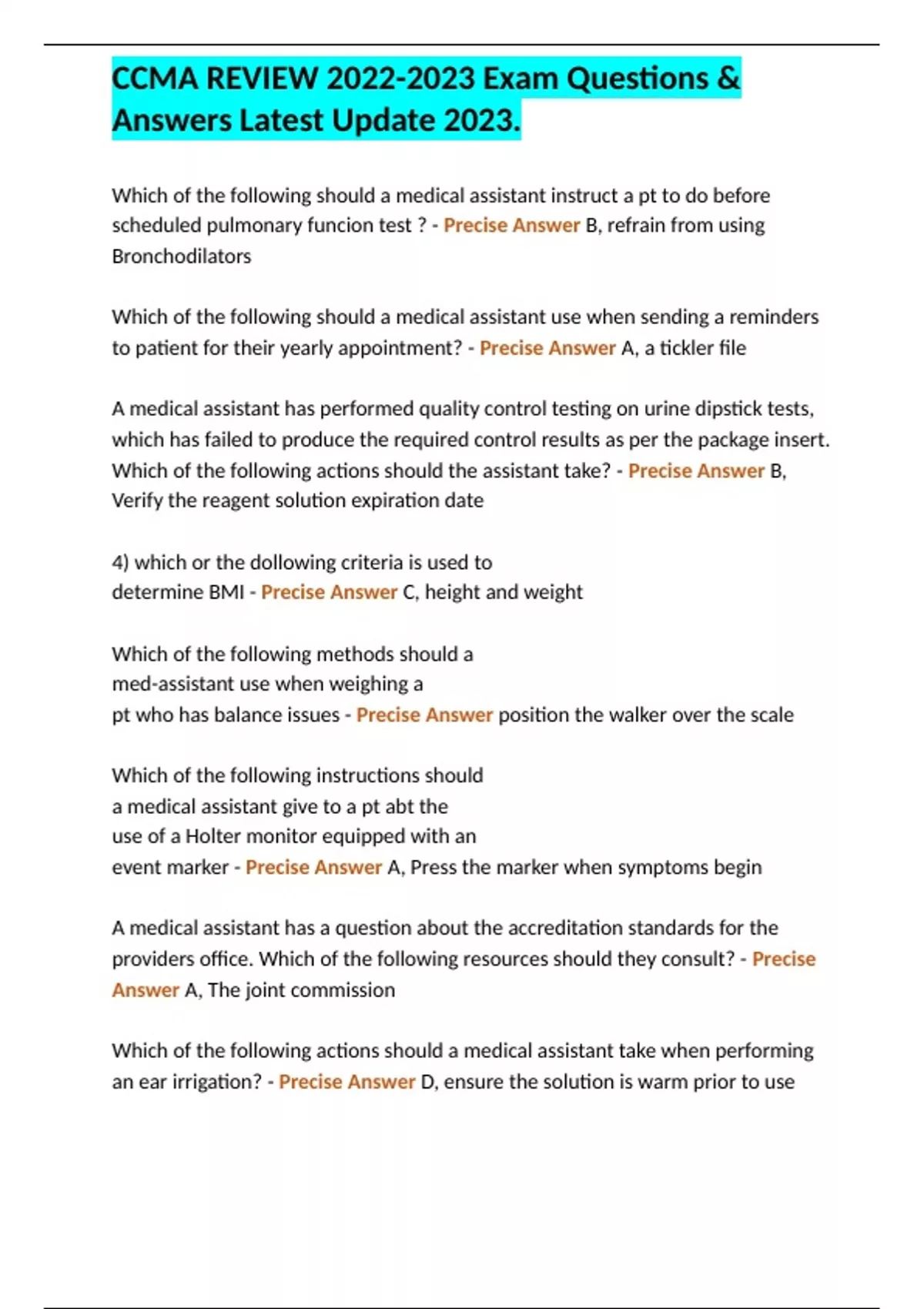 CCMA REVIEW Exam Questions & Answers Latest Update 2023. - CCMA REVI ...