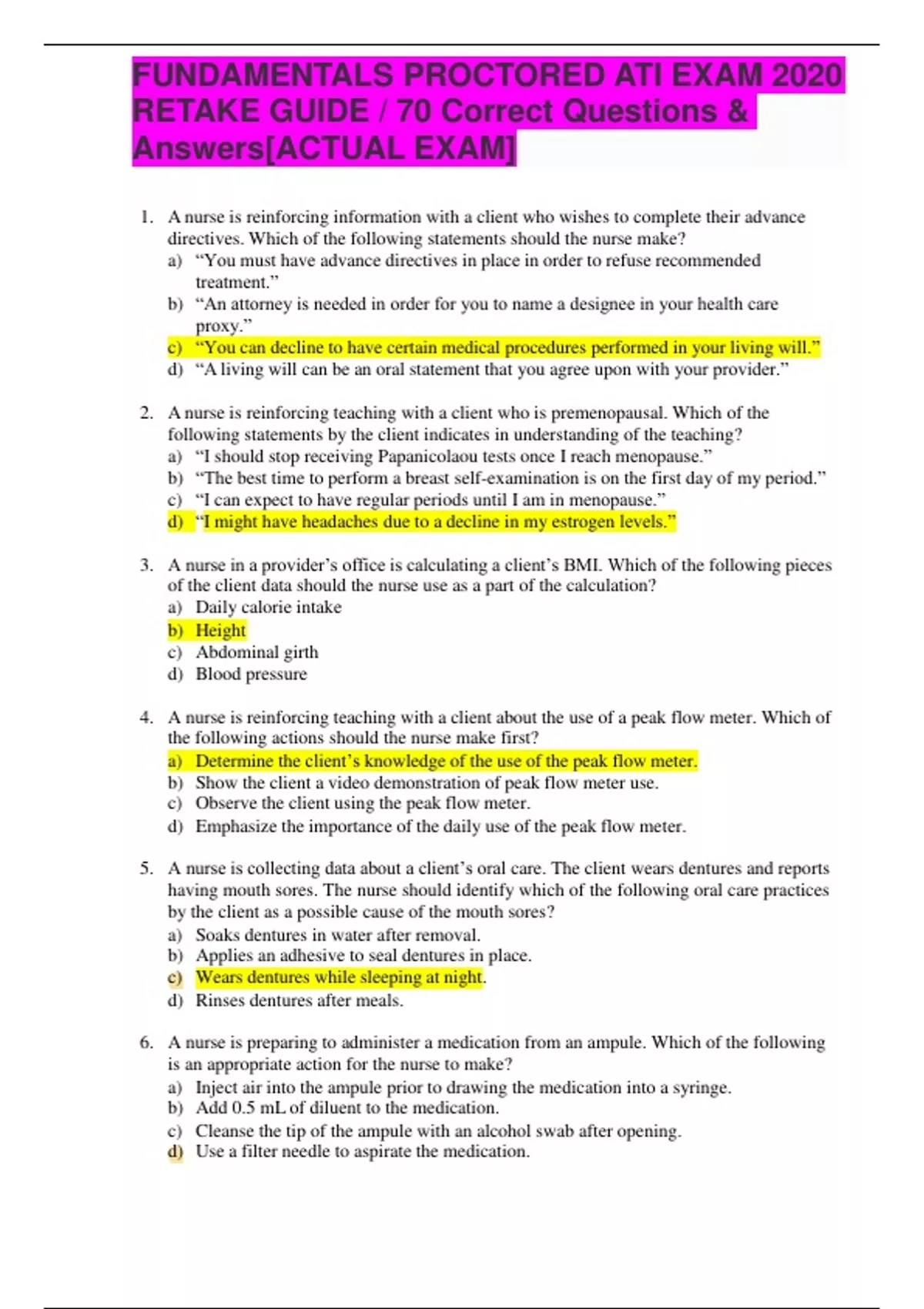 FUNDAMENTALS PROCTORED ATI EXAM 2020 RETAKE GUIDE / 70 Correct Questions & Answers[ACTUAL EXAM ...