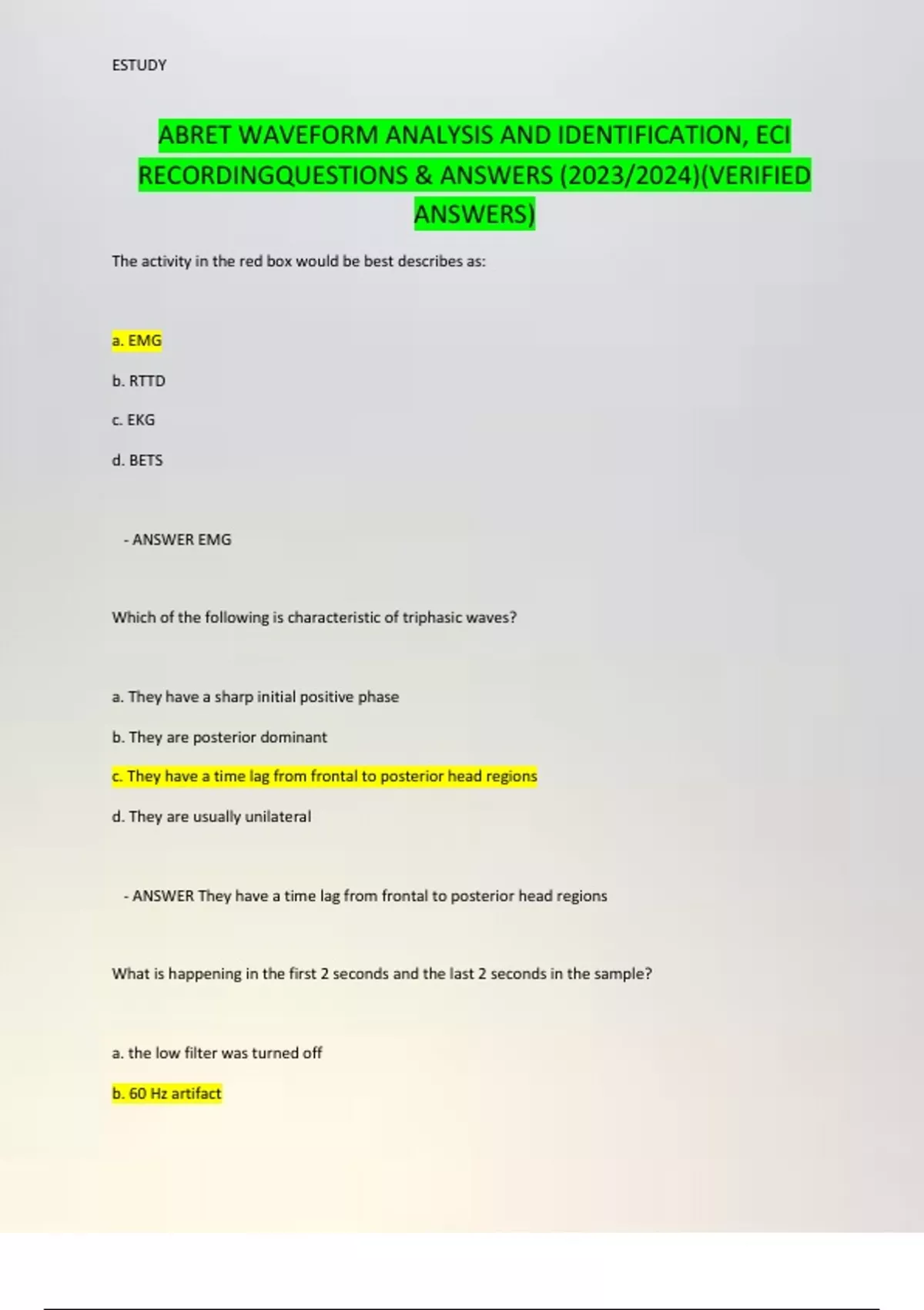 ABRET WAVEFORM ANALYSIS AND IDENTIFICATION, ECI RECORDINGQUESTIONS & ANSWERS (2023/2024 ...