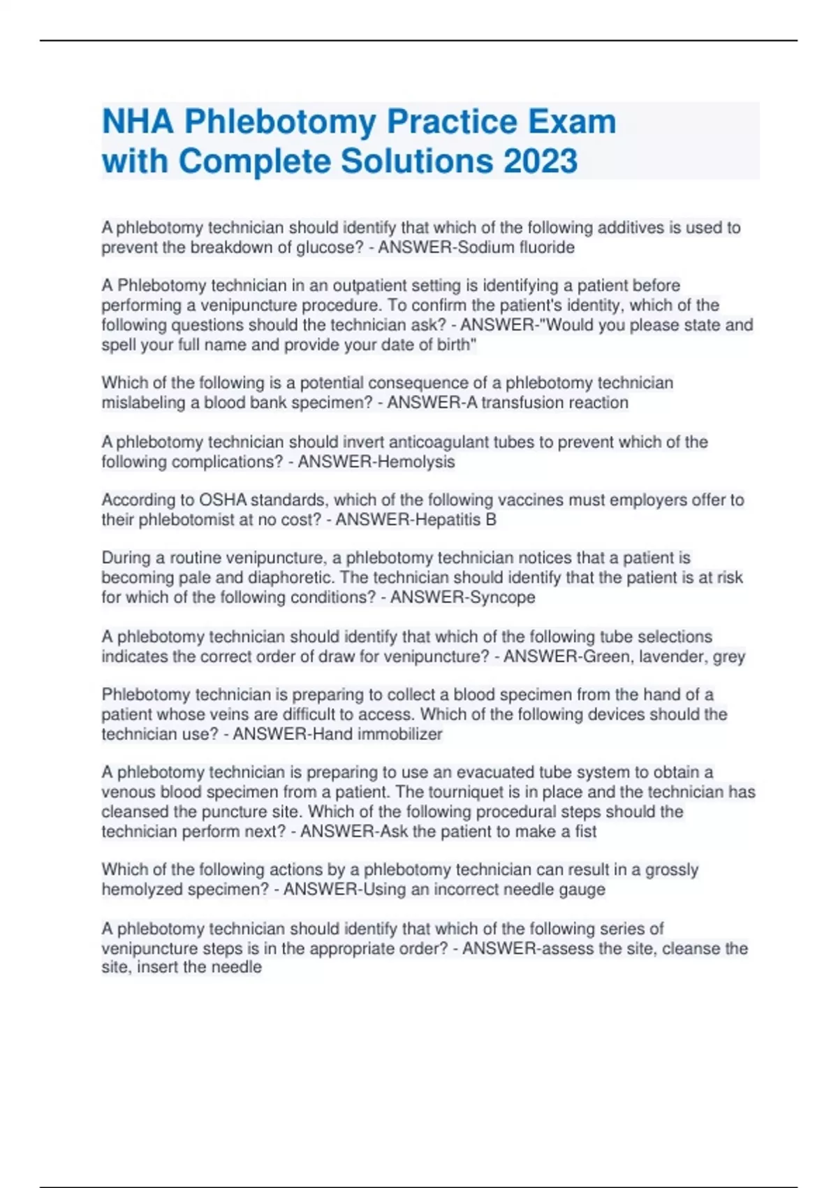 NHA Phlebotomy Practice Exam with Complete Solutions 2023 - NHA Phlebotomy - Stuvia US