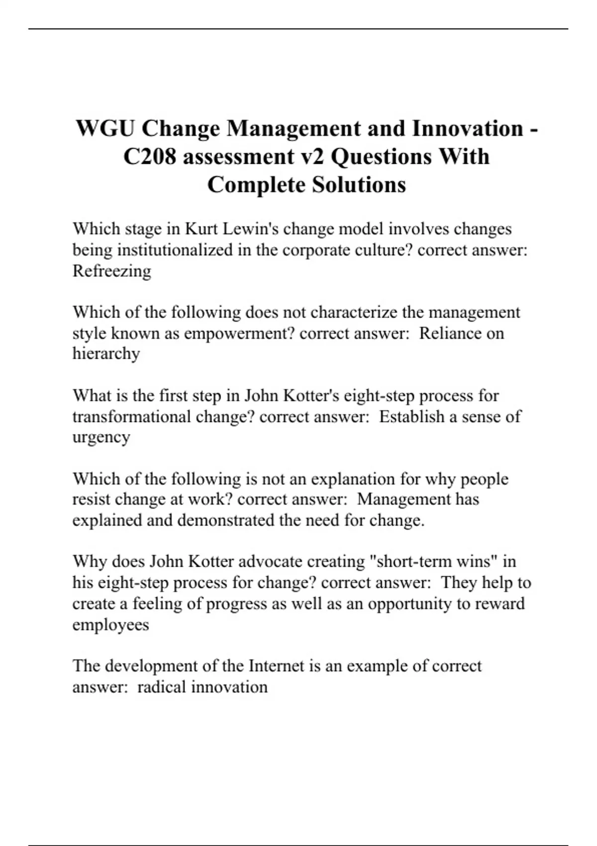 WGU Change Management and Innovation - C208 assessment v2 Questions ...